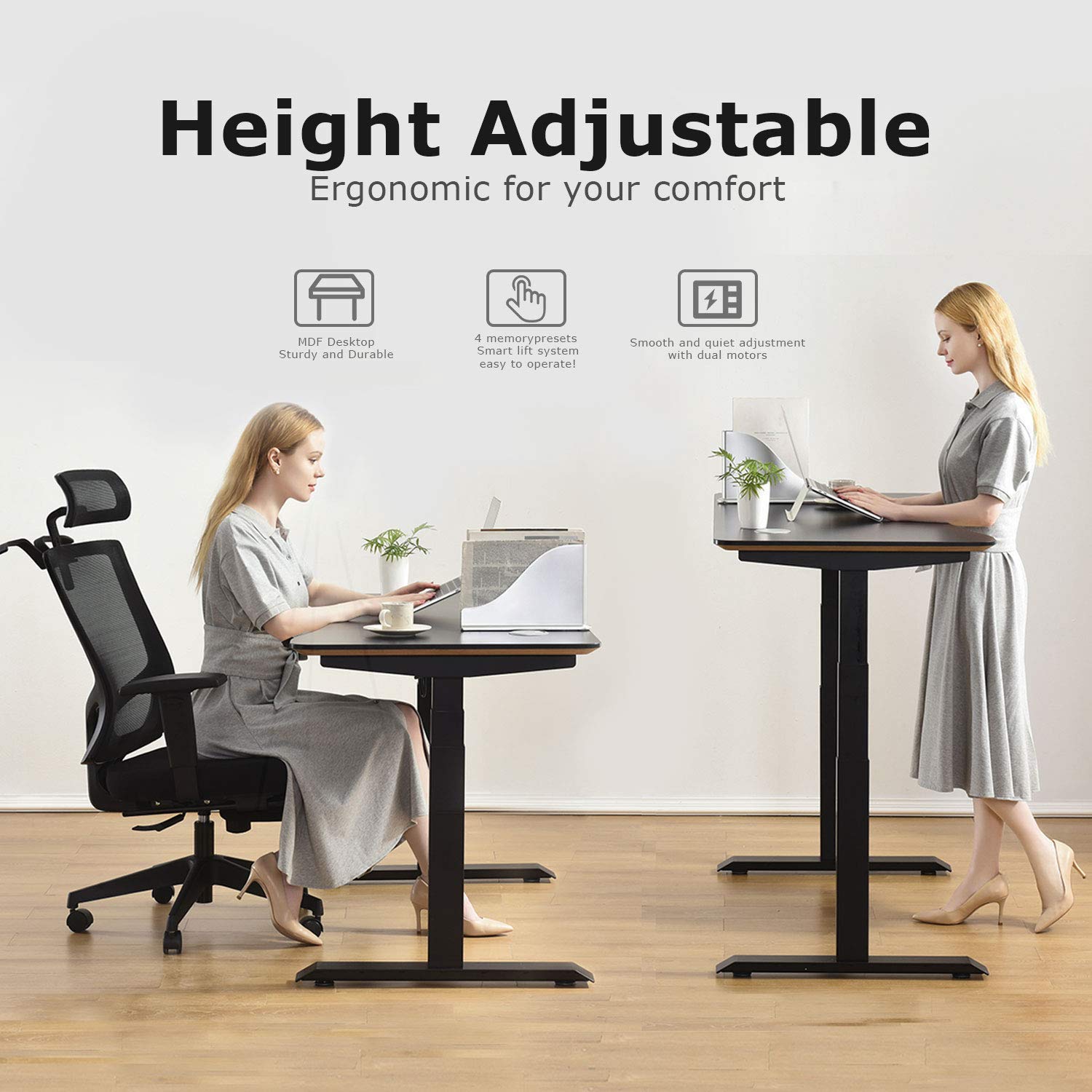 Lifease Height Adjustable Desk Electric Standing Desk Home Office Desk Dual Motor with Arc Desktop 4 Memory Setting (Black Frame+Black Desktop)