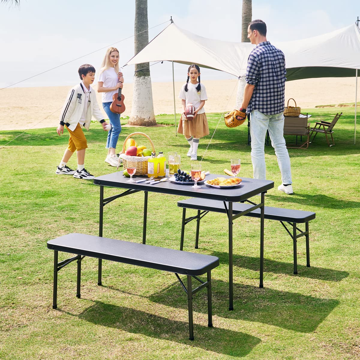Maarch Folding Picnic Table with Benches, Foldable Camping Picnic Tables for Outdoors, 3-Piece Portable Picnic Table with Seats Set 40 Inches, Black