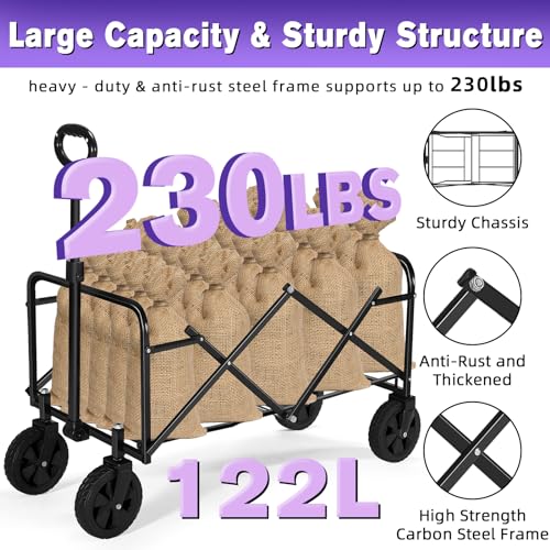 Rollefun Wagon Cart with Wheels Foldable - Collapsible Utility Wagon Heavy Duty, Folding Grocery Wagon, All Terrain Wagon Outdoor Camping Garden