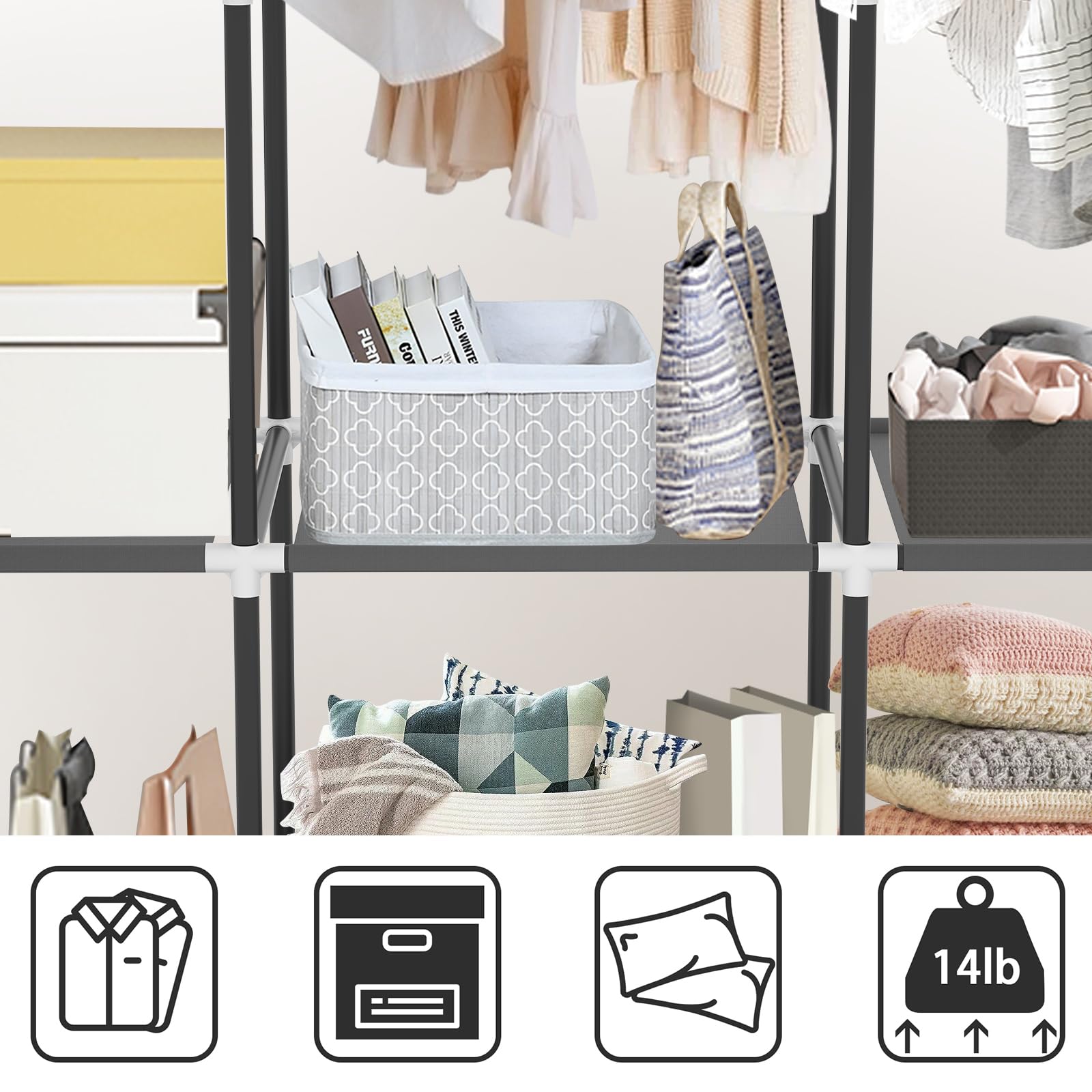 LOKEME Portable Closet, Portable Closets for Hanging Clothes with 3 Hanging Rods and 6 Storage Shelves and 4 Side Pockets, Black Wardrobe Closet Easy to Assemble and Strong and Stable