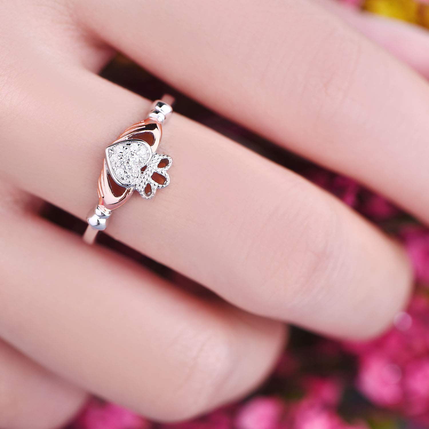 JO WISDOM 925 Sterling Silver Cubic Zirconia Rose Gold Claddagh Heart Promise Ring Size 8