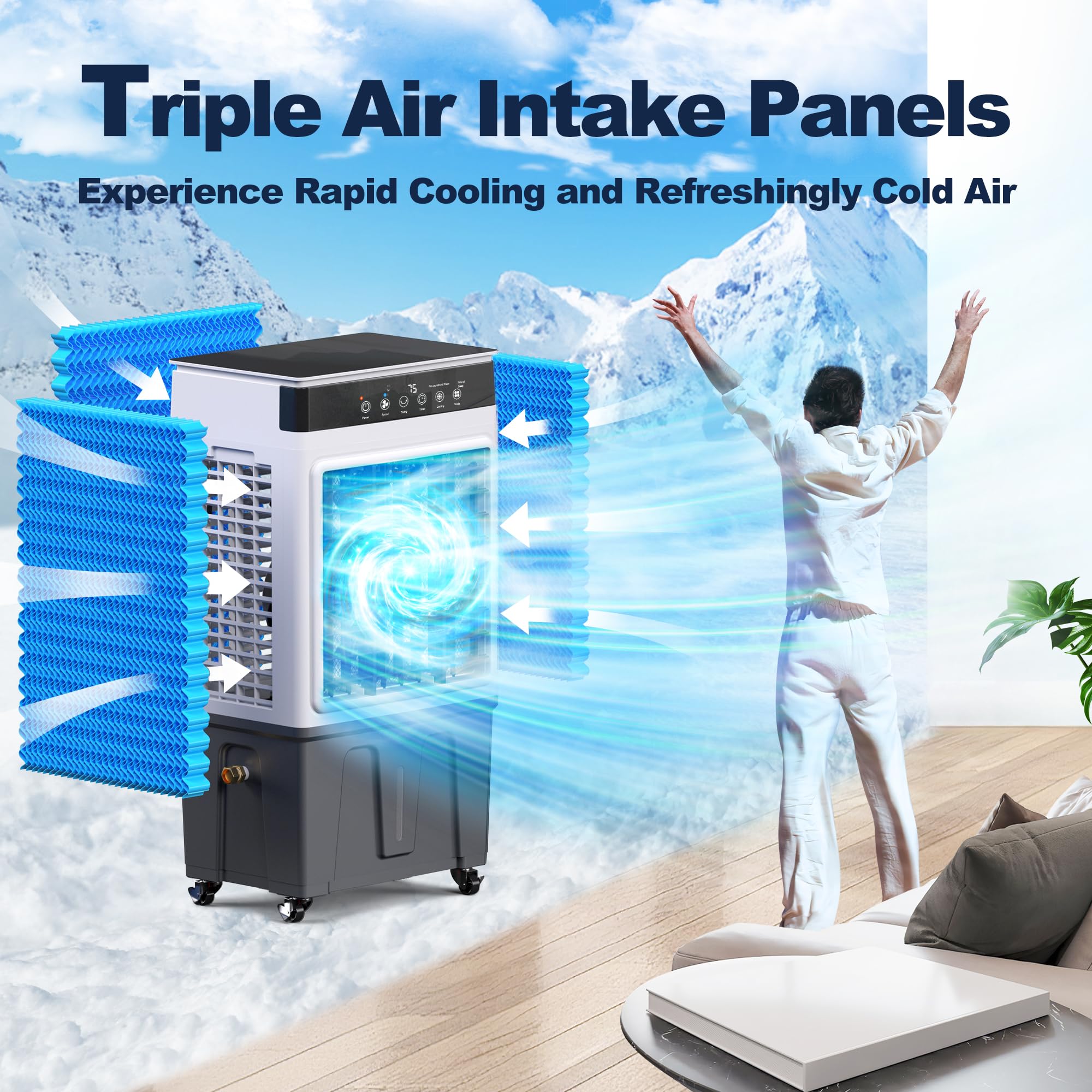 Swamp Cooler, 3800 CFM 3-in-1 Evaporative Air Cooler with 7.6 Gal Water Tank, 120° Oscillation, 3 Speeds 3 Modes, 12 H Timer, Remote, 4 Ice Packs, Portable Air Conditioner for Indoor&Outdoor