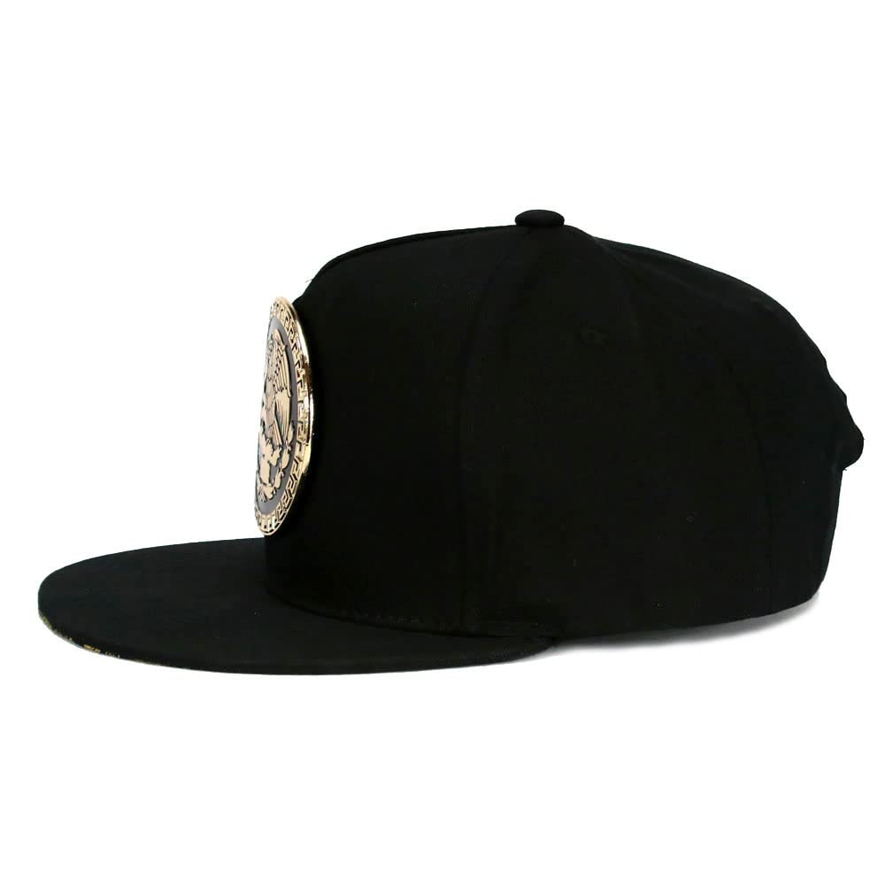 Mexican Mexico Hat Federal Metallic Gold Logo Snapback Flat Bill Baseball Cap (Black)