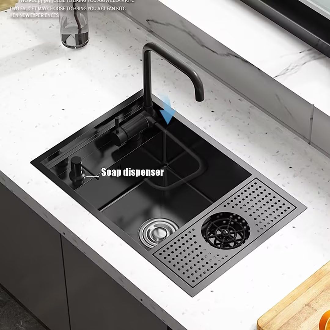 JINGTAO Hidden Sink Bar Counter Handmade Single Sink Household Kitchen Sink with Cup Washer Arc Folding Faucet + Soap Dispenser (Color : Black, Size : 60 * 40 * 22cm)