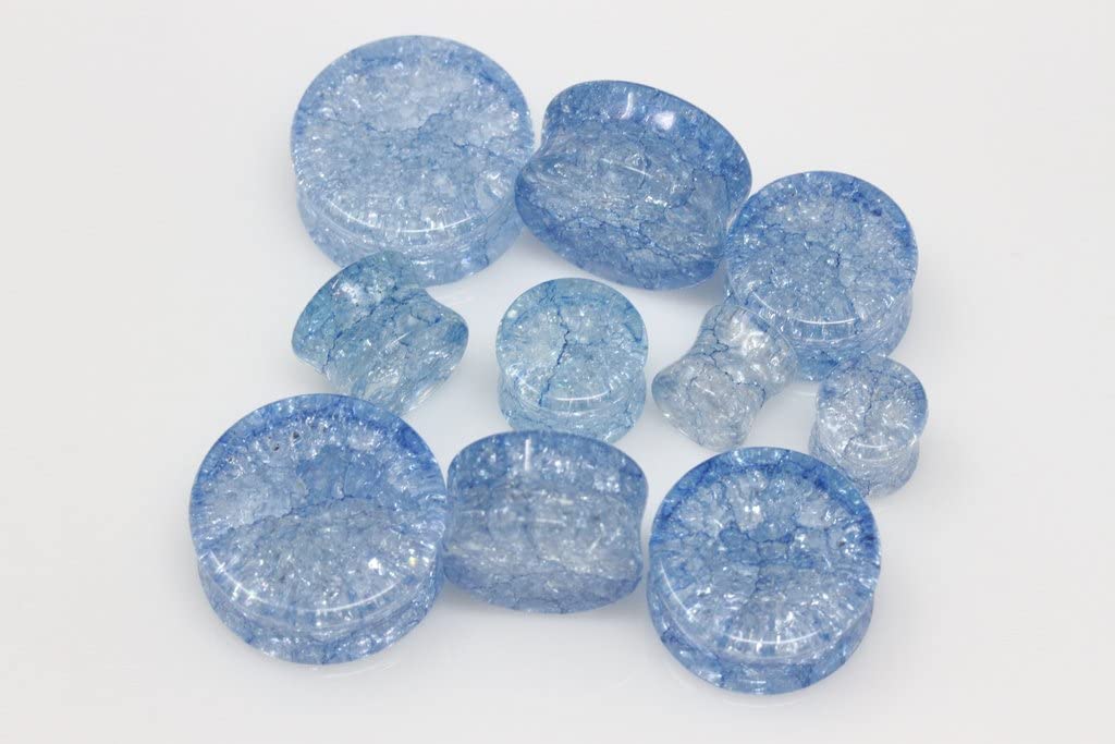 Pair 9/16" (14MM) BLUE SHATTERED GLASS PLUGS Double Flare Gauges Cracked Organic Tunnels (2pcs)