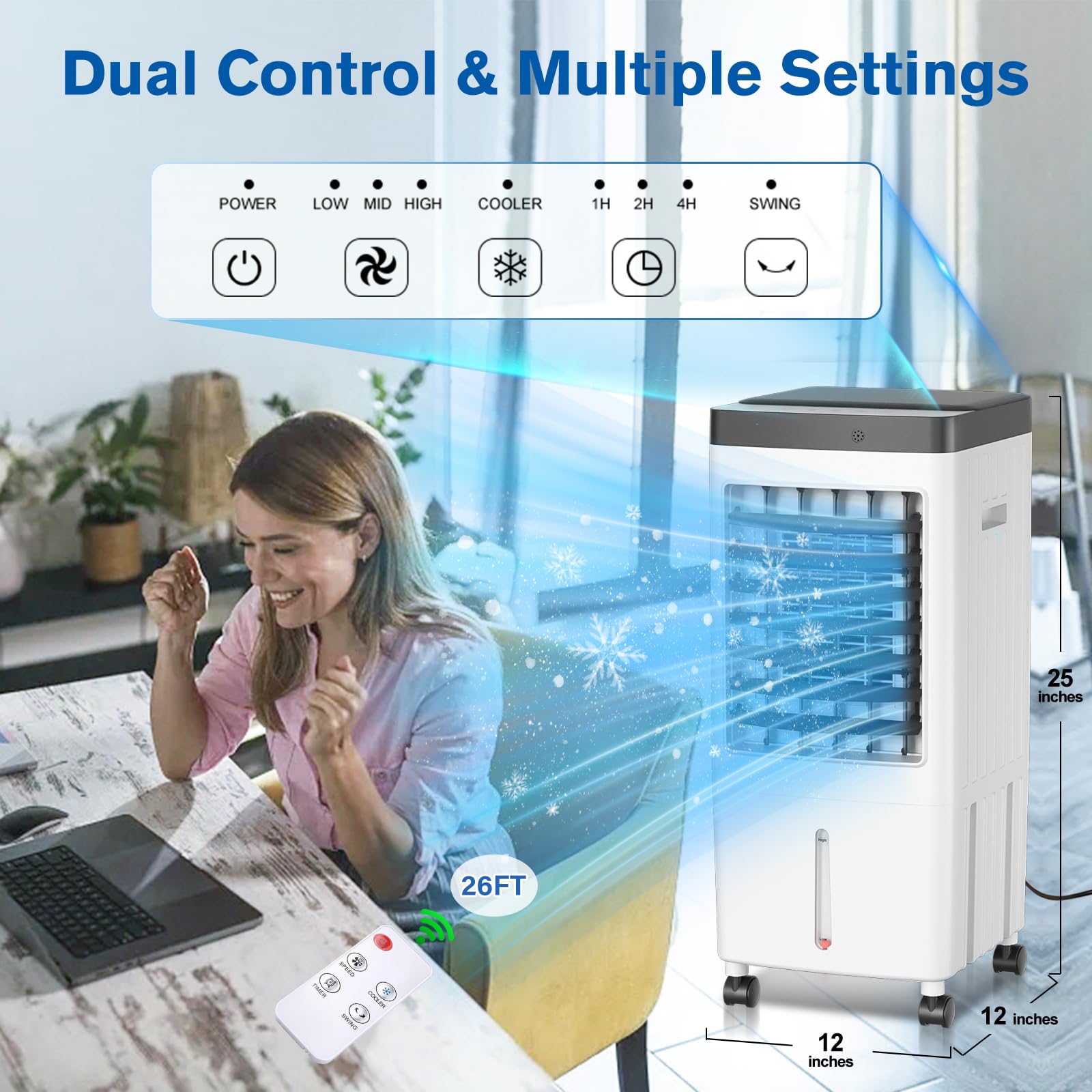 Portable Air Conditioners with 3 Gal Water Tank,20H Cooling Time Swamp Cooler,Air Conditioner Portable for Room with 78-Inch Extension Cord,Ideal for Office/Room/Garage/Kitchen/(Include 6 Ice Packs)74