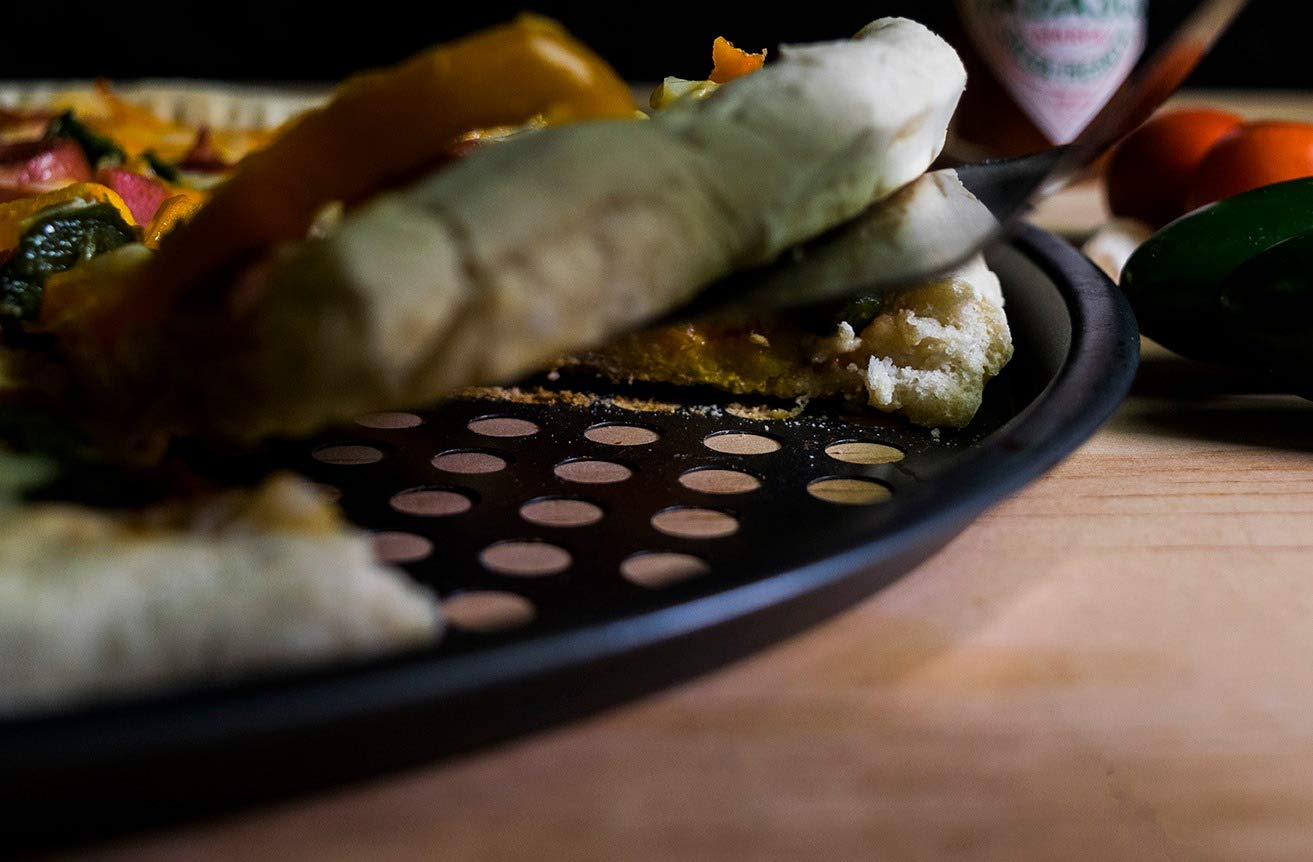 Pizza Pan Steel 12.5 Inches Tray for Oven | Pizza Pan with Holes | Baking Pizza | Kit with pizza screen and Orange Glove