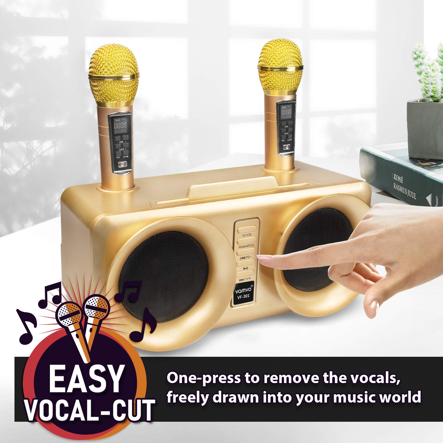 Karaoke Machine, vamvo VF-301 15W*2 Rechargeable Bluetooth Speaker with 2 Wireless Microphone, Portable PA Speaker System for Kids & Adults