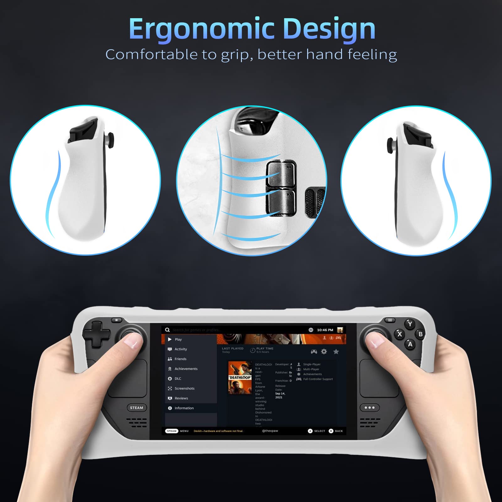 OFFCURVE Case for Steam Deck, Silicone Cover Case with Screen Protector & 2 Pairs Thumb Grips for Vavle Steam Deck Skin Shock-Absorption, Non-Slip and Anti-Scratch Design Steam Deck Accessories, White