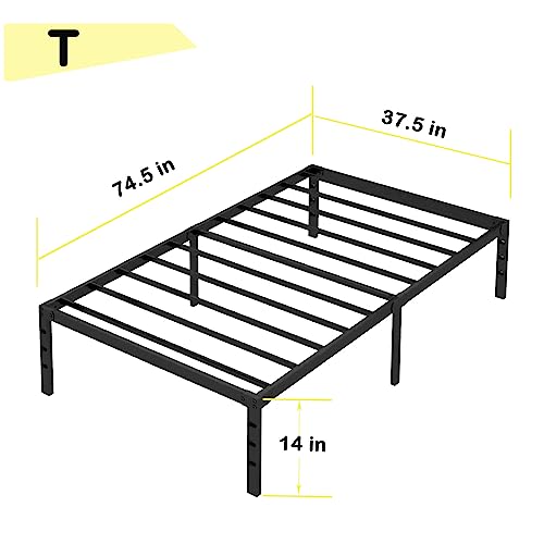 Yedop 14 Inch Twin Size Metal Bed Frames, No Box Spring Needed, 2500 lbs Heavy Duty Steel Slat Support, Non-Slip, No Noise, Strong Twin Platform Metal Bed Frame, Black