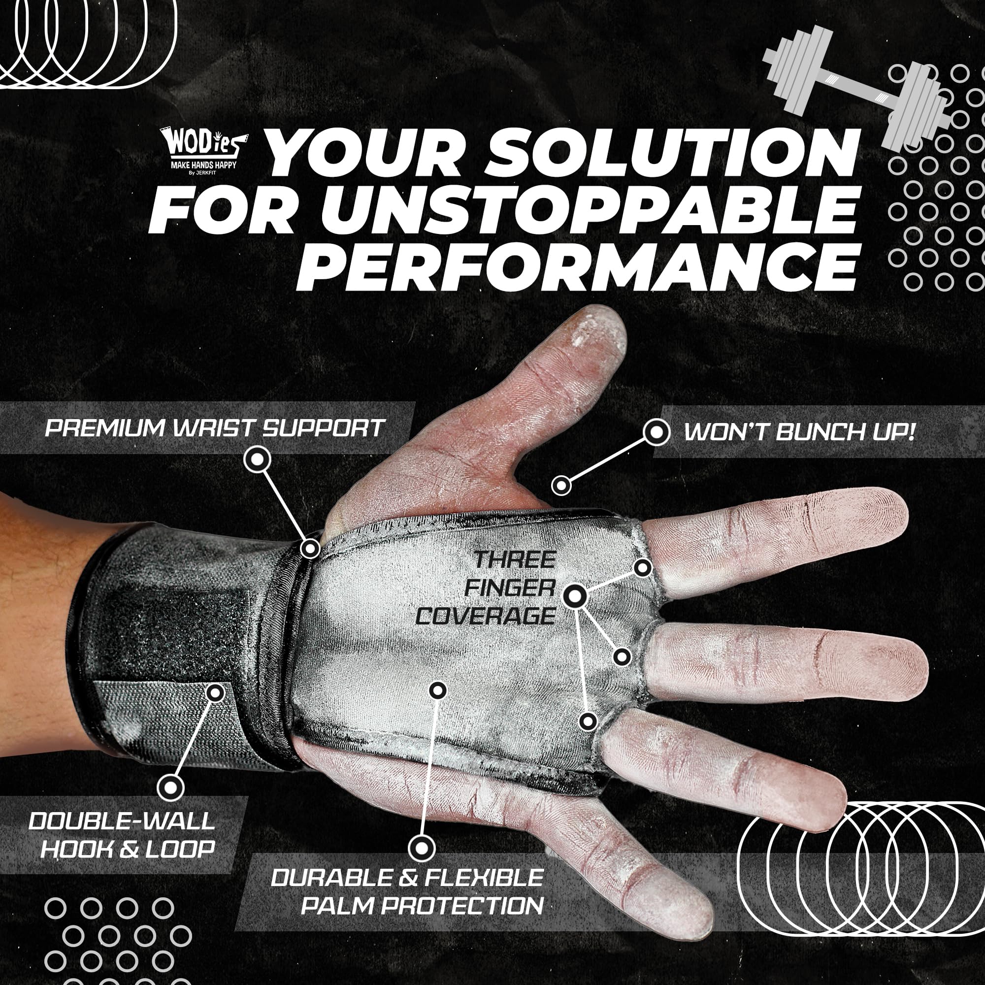 JerkFit WODies Black 3 Hole Gymnastics Grips with Wrist Support (Large) - Latex Free Elastic Pull Up Grip for Cross Training, WODs, Weightlifting - Workout Grips for Men and Women for Palm Protection