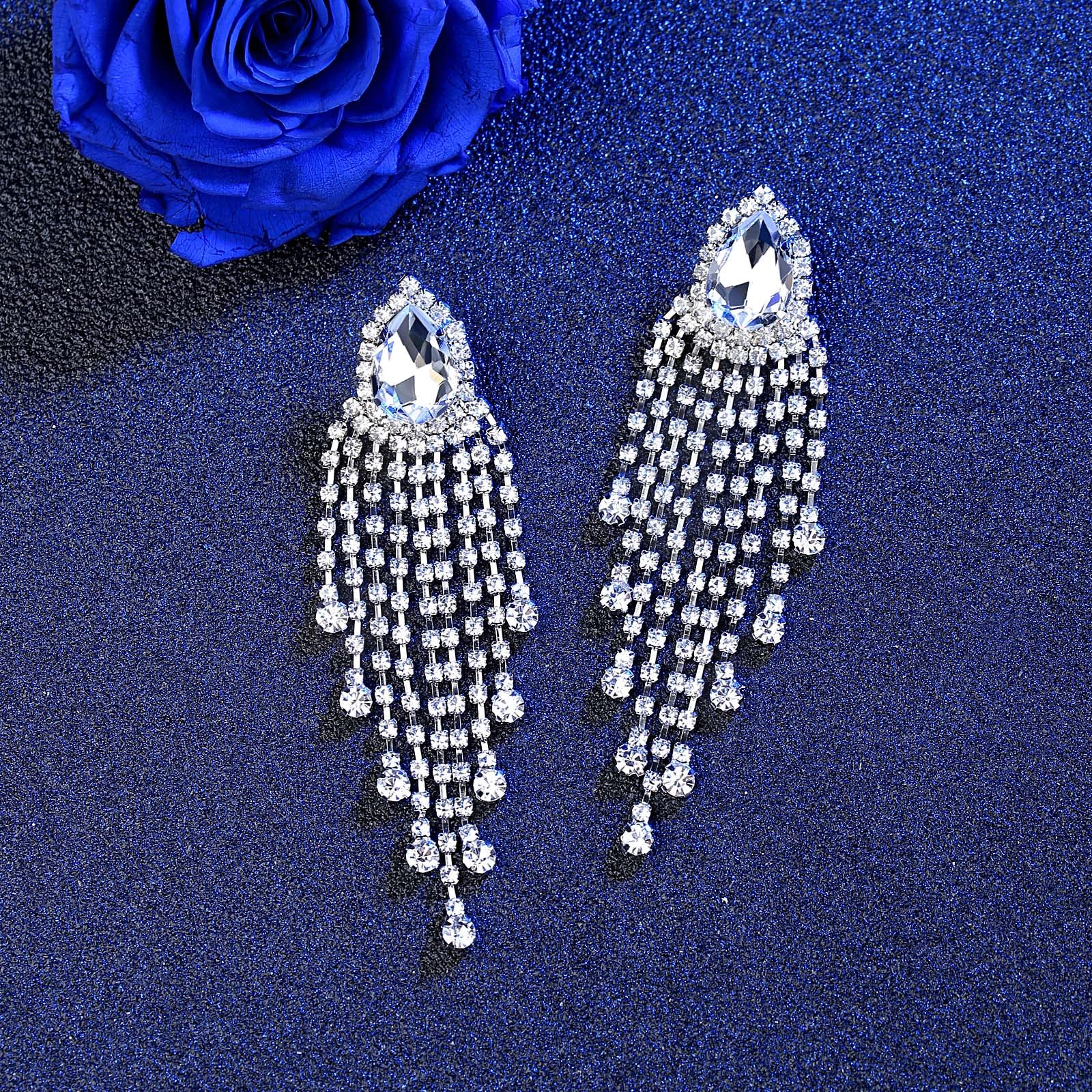 Lauracode Chandelier Rhinestone Earrings Dangling Tassel Long Sparkly Silver Pageant Bridal Wedding Earrings 10.5