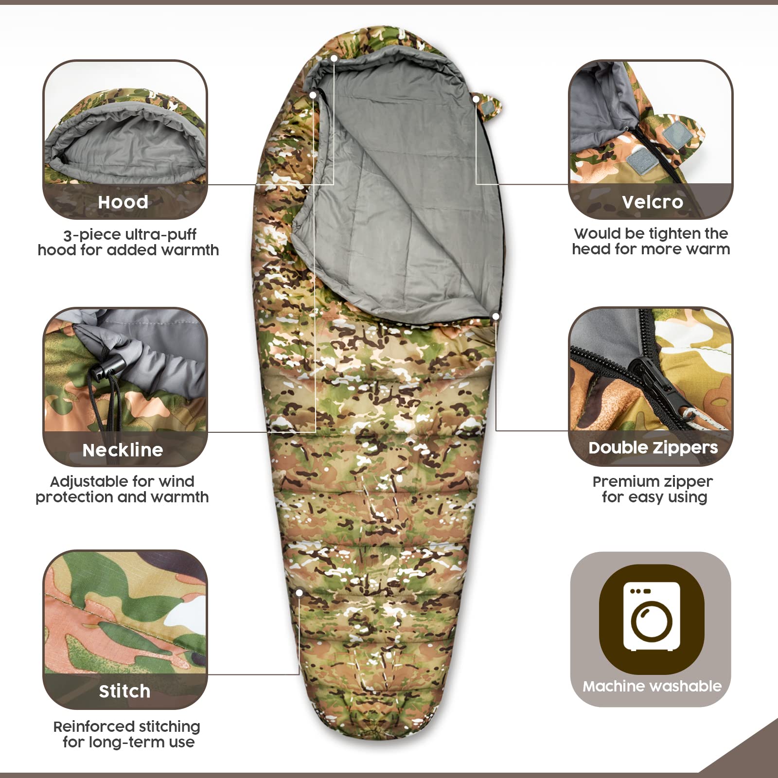 Mummy Sleeping Bag, TALENTUSER Sleeping Bag 0-20 Degree with Carrying Bag Portable for Adults Camping Traveling Hiking, Camouflage
