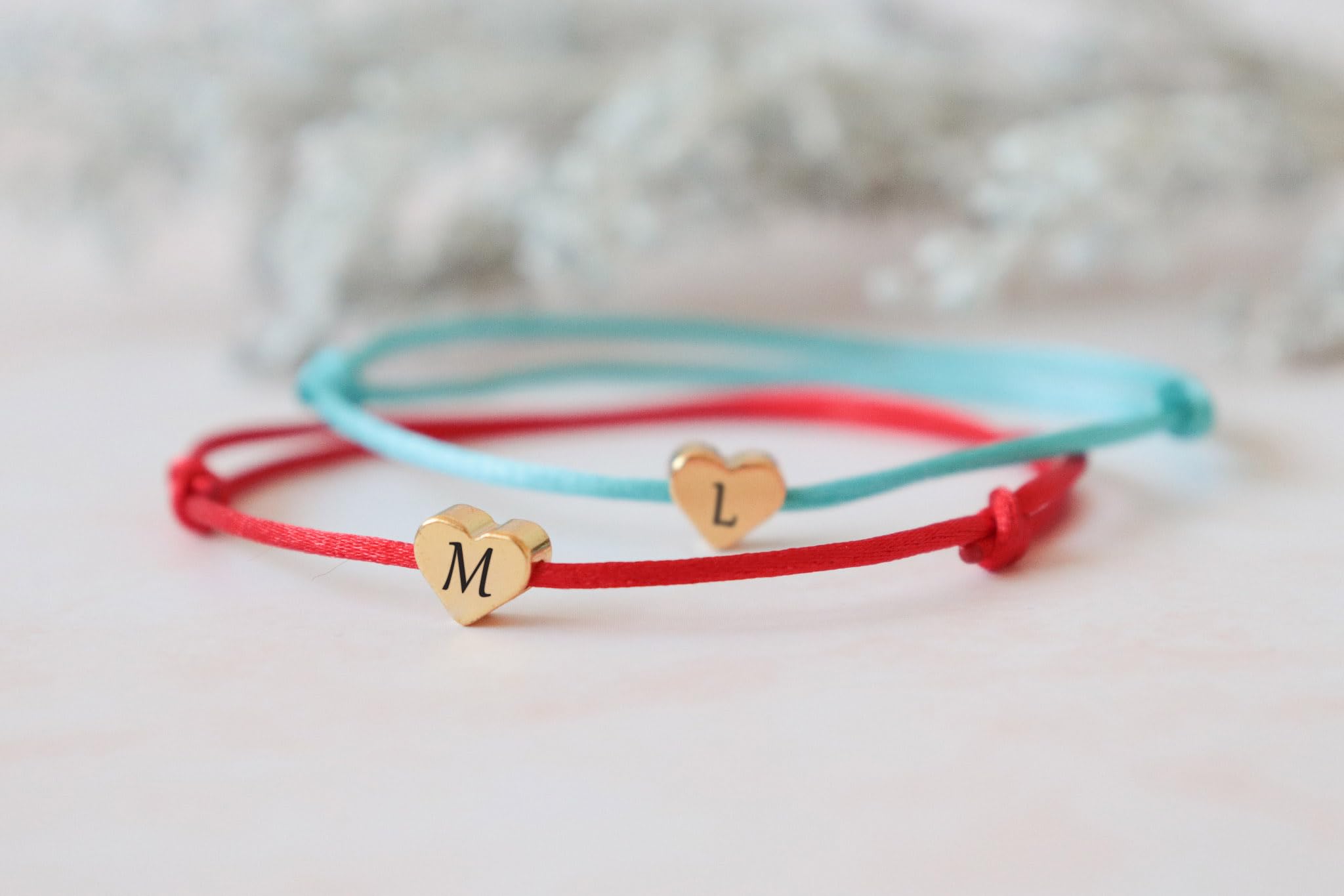 MIA·MIA Custom heart initial thread string bracelet, cotton cord tiny charm adjustable band for his and her, soul sisters, pinky promise, distance matching gifts for couples & best friends