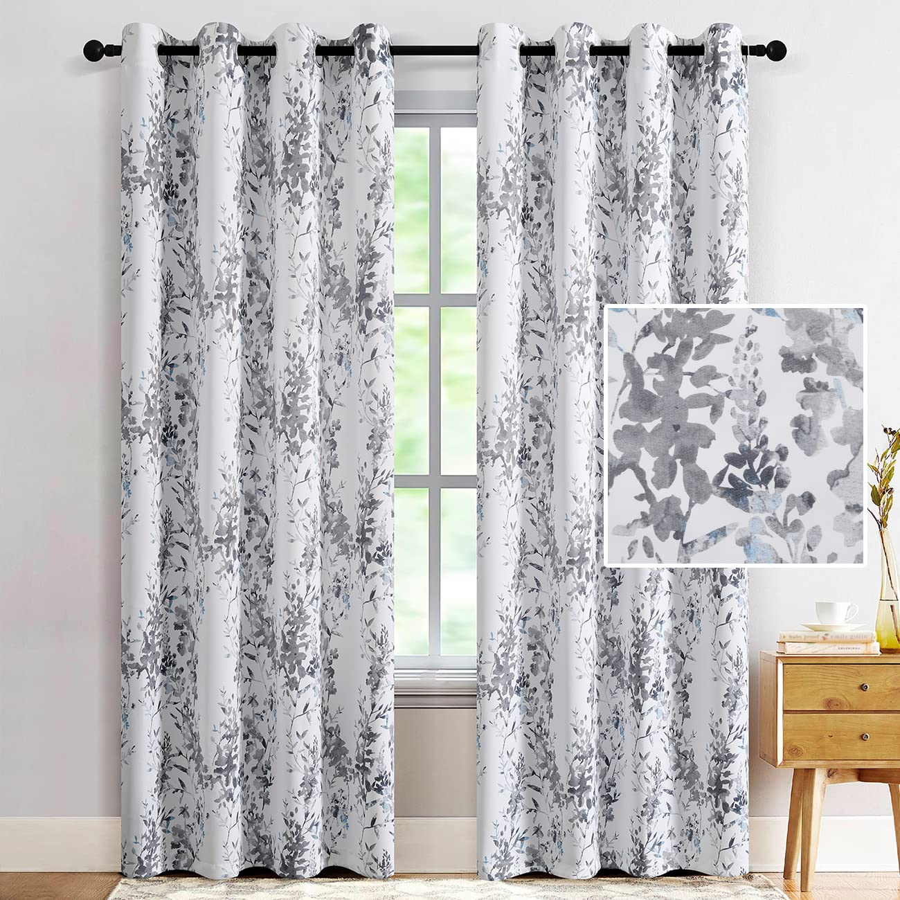 Kotile Floral Print Pattern Window Curtains 2 Panel - Room Darkening Thermal Insulated Grommet Curtains for Living Room, Purple, 52 x 95 Inches, 2 Panels Sets