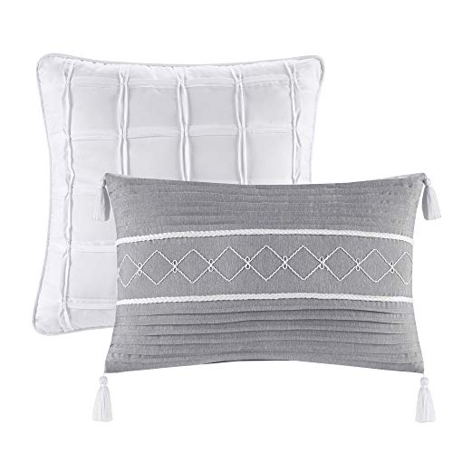 Madison Park Comforter Set, Embroidered Textured Heatherd Print All Season Down Alternative Cozy Bedding with Matching Shams, Decorative Pillow, King (104 in x 92 in), Kailee, Embroidery Grey 5 Piece