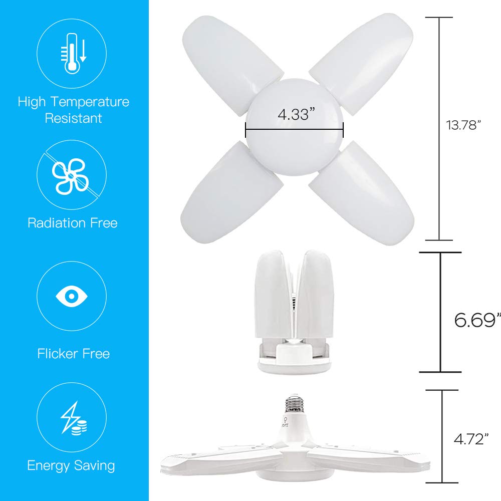 LED Garage Lights Soyond 60W Deformable LED Garage Ceiling Light E26/E27 6000LM 6500K LED Shop Lamp Barn Lights with 4 Adjustable Panels for Garage Warehouse Workshop Basement Barn Daylight