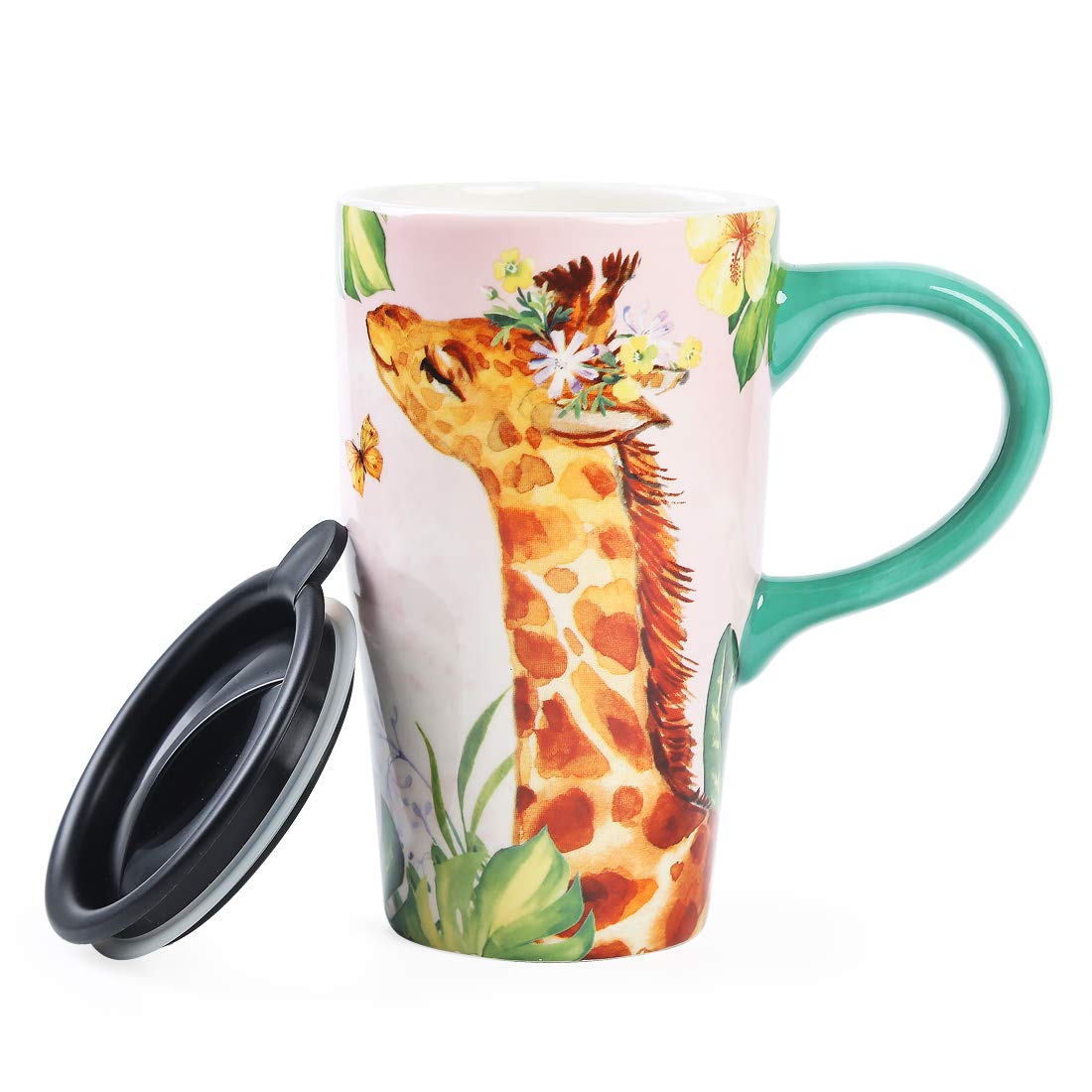 Minigift Ceramic Coffee Mug,Travel Cup with Lid,Handmade Milk Mug 16oz-Giraffe