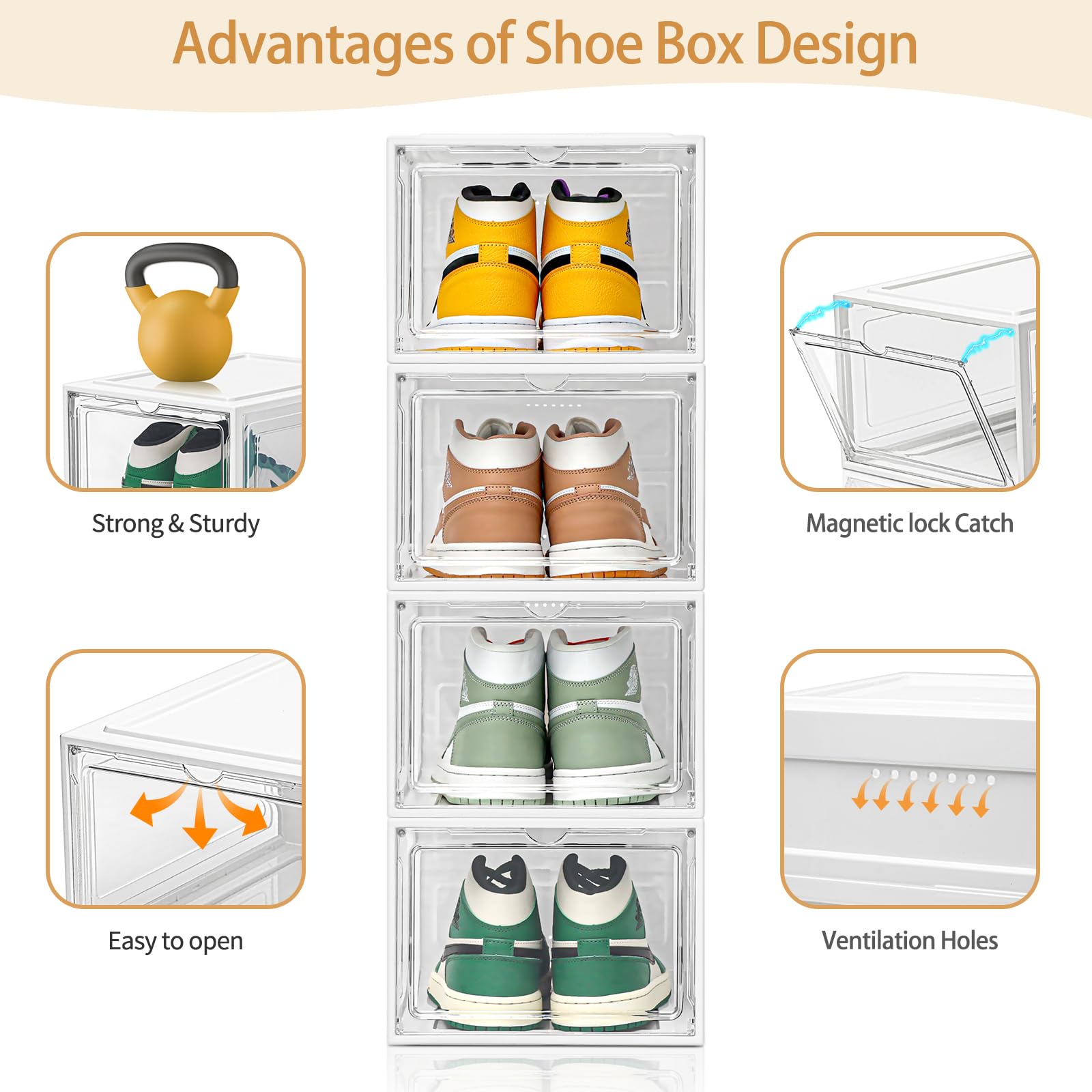 Upgraded X-Large 6 Pack Clear Shoe Storage Organizer,Stackable Shoe Rack for Closet,Plastic Shoe Boxes with Magnetic Door,Shoe Containers For Sneaker Display,Fit up to US Size13
