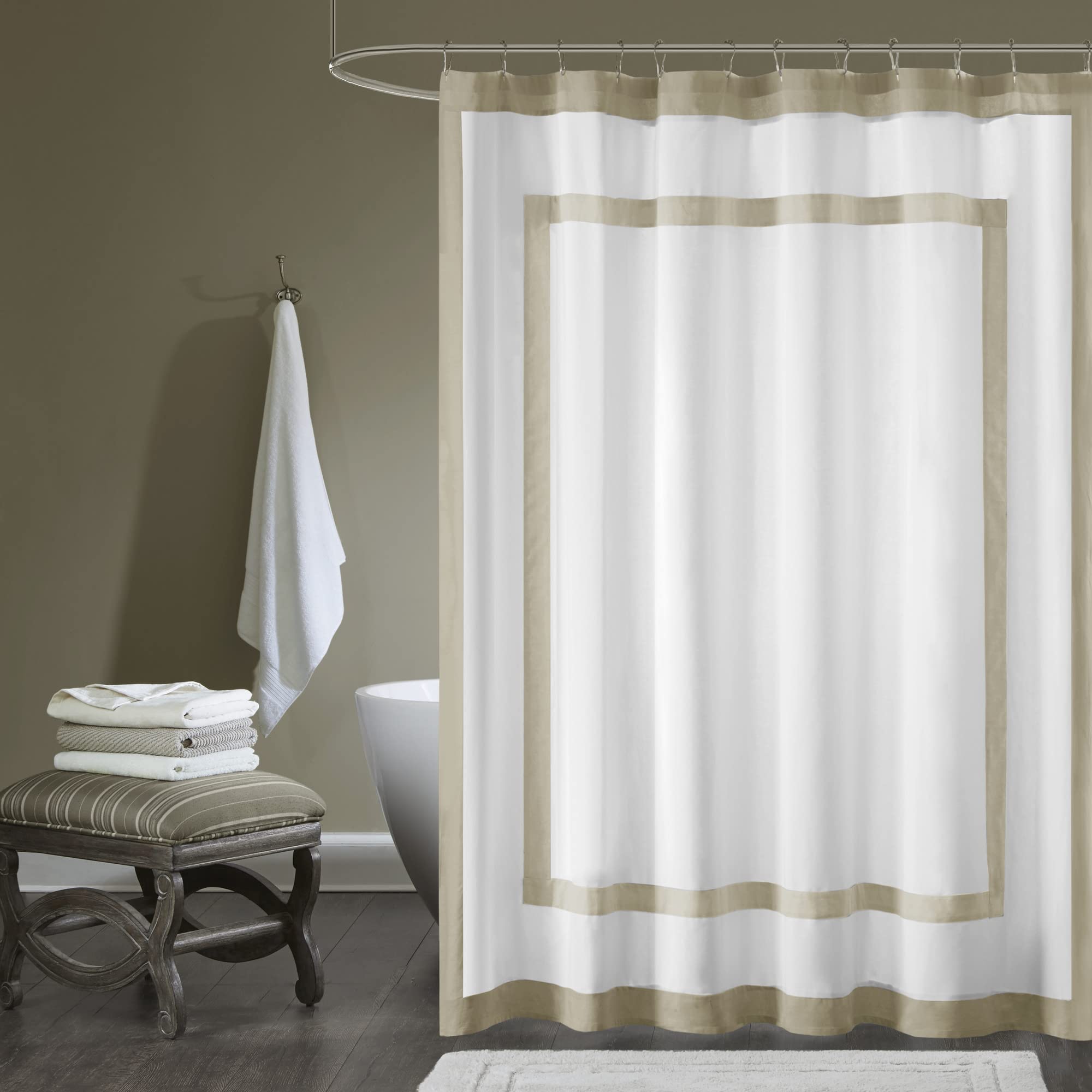 Madison Park Greyson Shower Curtain, Pieced Border Design, Modern Bathroom Décor, Machine Washable, Fabric Privacy Screen, 72x72, Taupe