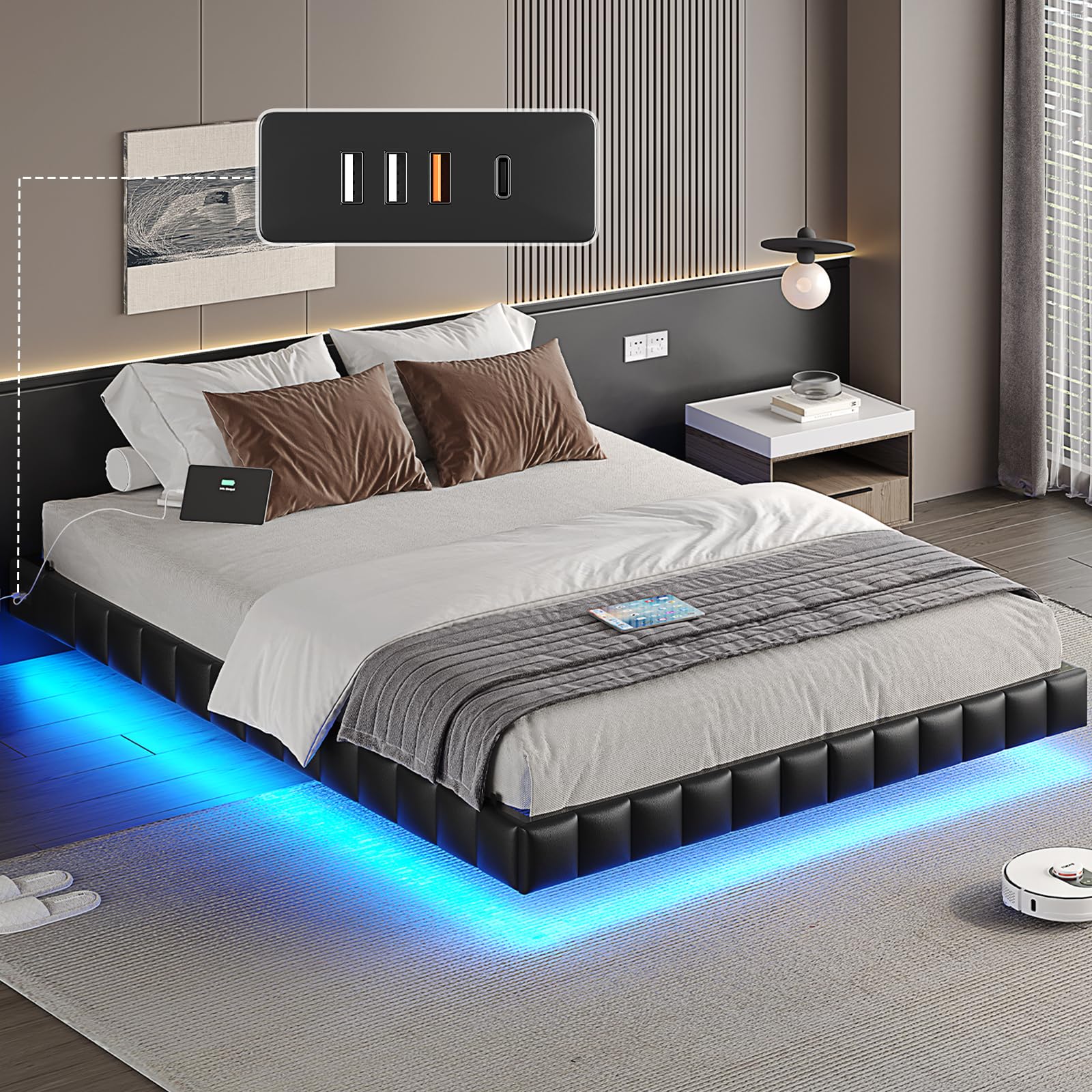 Upholstered Queen Bed Frame with 4 Storage Drawer,Charging Station,Headboard with Hidden storage space,3-Tier Shelves,RGB Led Light,Metal Slat Support, No Box Spring Needed,Noise-Free,Rustic Brown