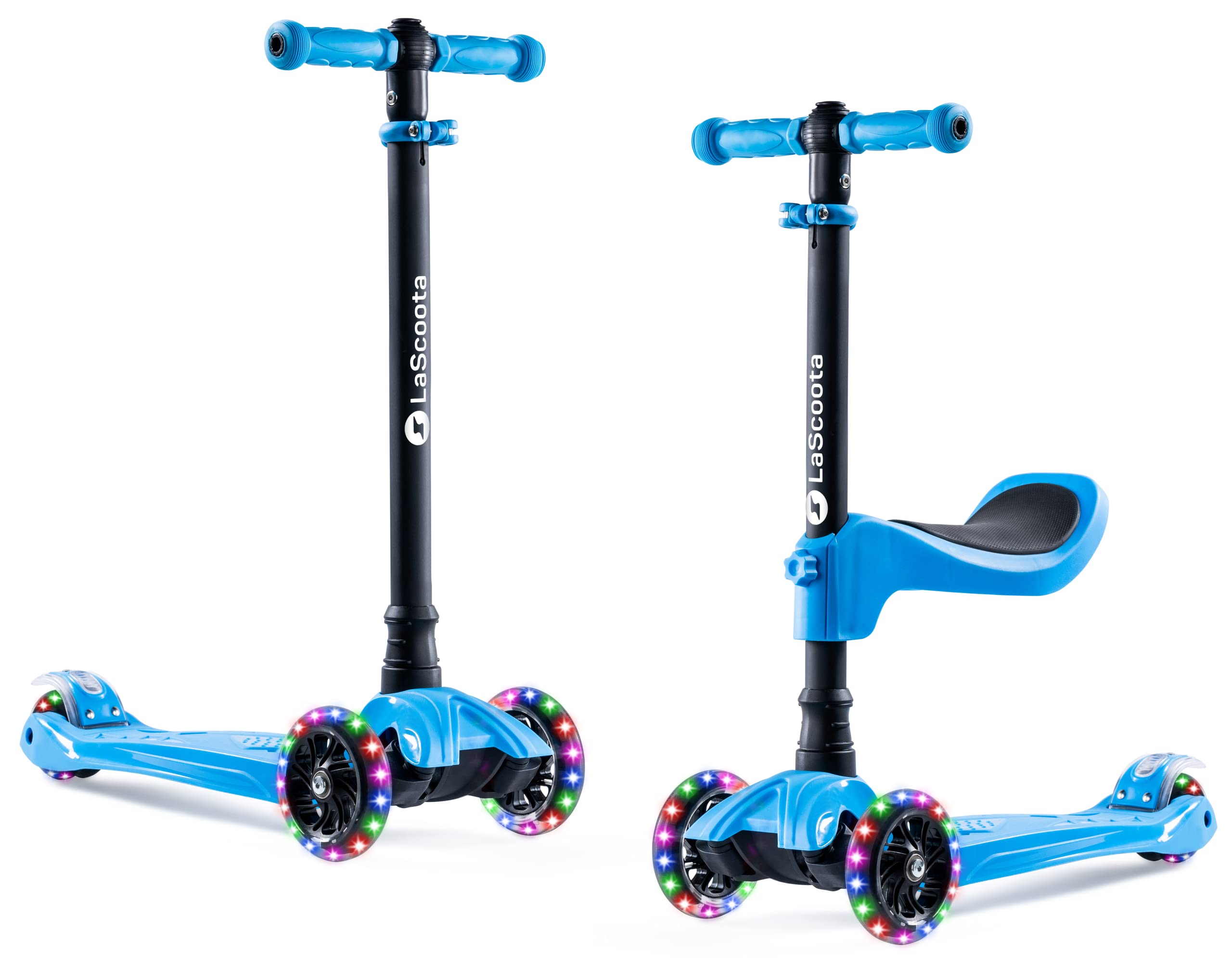 LaScoota Kick N Roll Scooter for Kids, 3 Wheel Adjustable Height Scooter with LED Flashing Wheels and Anti-Slip Deck, for Riders Aged 3-12 and up to 100 lbs.