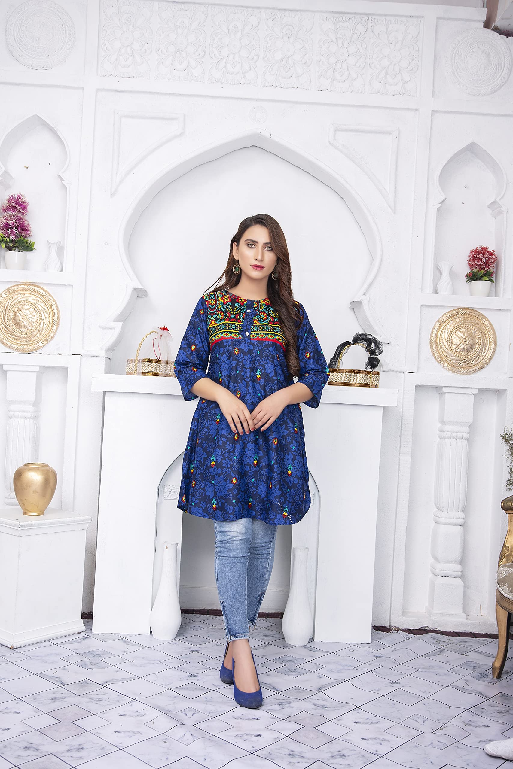 IshDeena Pakistani Kurtis for women Indian Style Cotton Tunics Womens Tops Printed Lawn (Small, Midnight Blue)