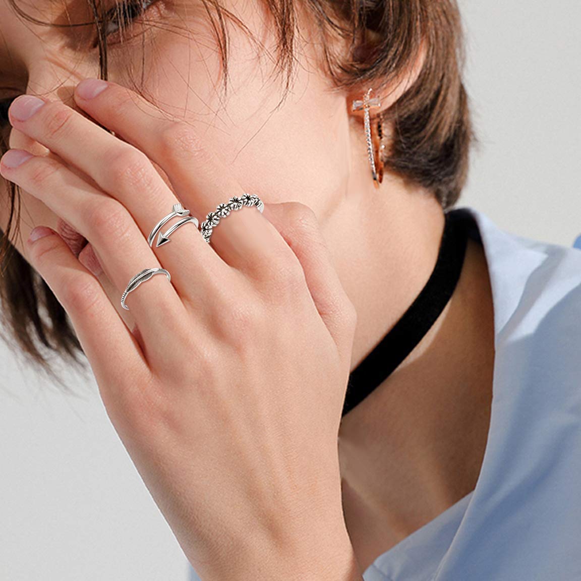 JOERICA 3 Pcs Silver Adjustable Open Rings Women Feather Thumb Stackable Knuckle Ring Sideways Arrow Horizontal Ring