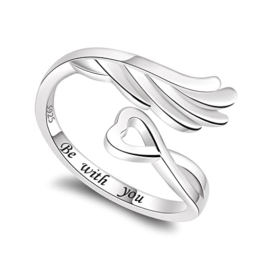 oGoodsunj Infinity Angel Wing Ring Sterling Silver Guardian Feather Jewelry Gift for Women (Heart)