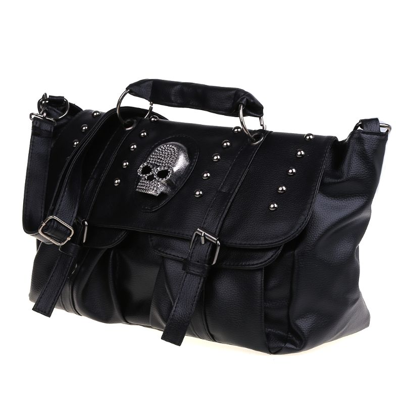 Popular Fashion Womens Personalise Punk Rivet Skull Shoulder Bag Handbag Black (Black)