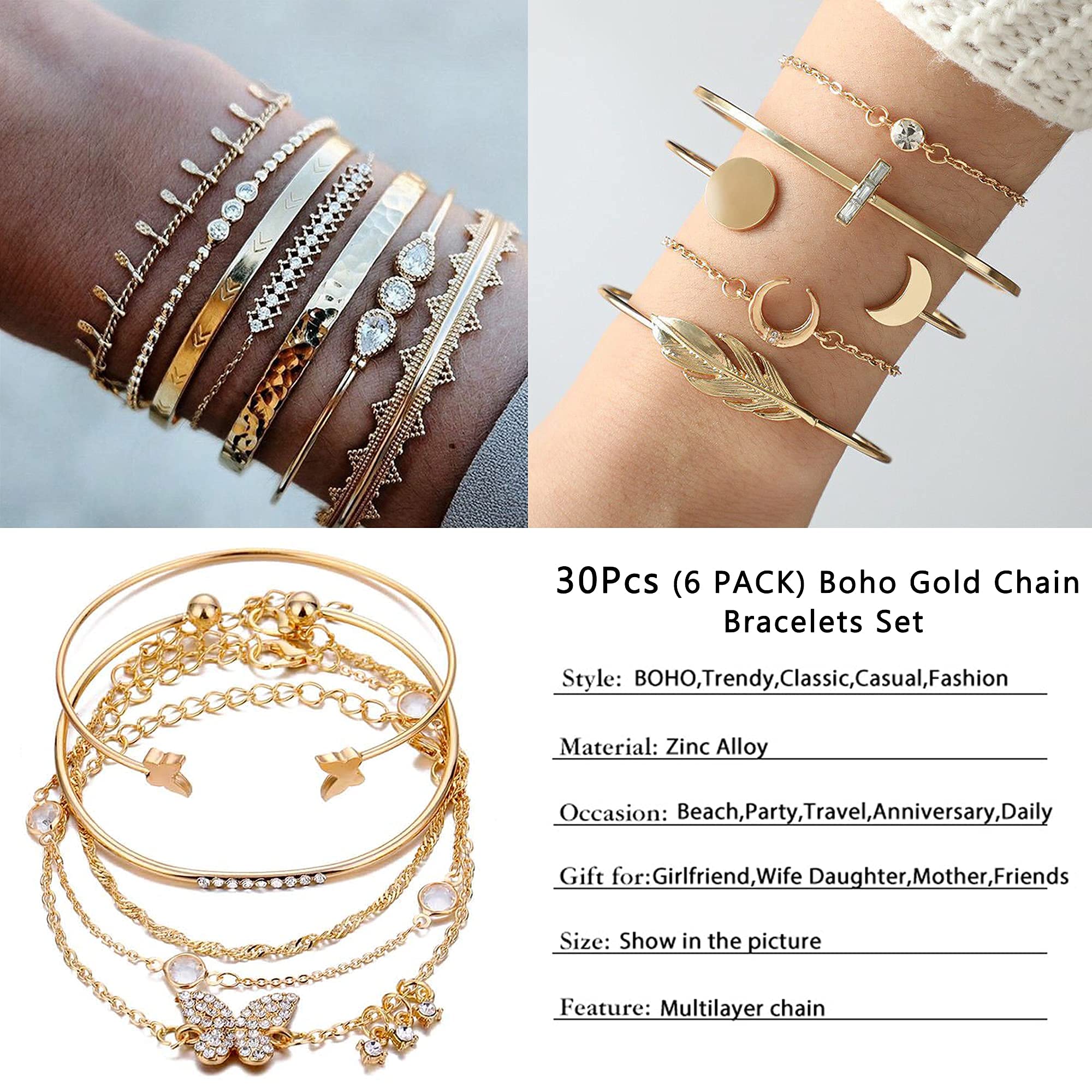 Magitaco 30 PCS (6 PACK) Boho Gold Chain Bracelets Set for Women Multiple Layered Stackable Open Cuff Wrap Bangle Adjustable Fashion Paperclip Link Italian Cuban Jewelry for Women Gift