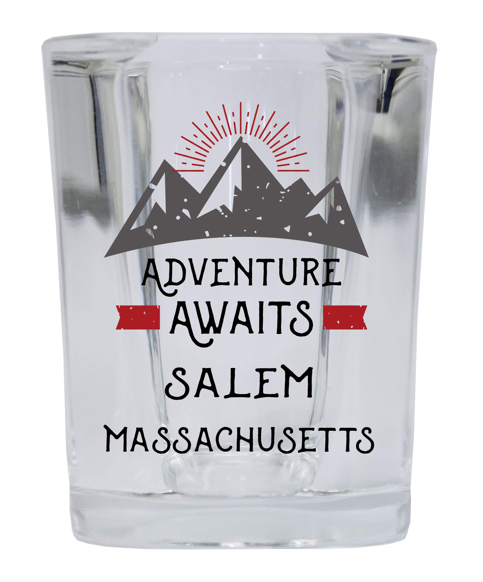 R and R Imports Salem Massachusetts Souvenir 2 Ounce Square Base Liquor Shot Glass Adventure Awaits Design