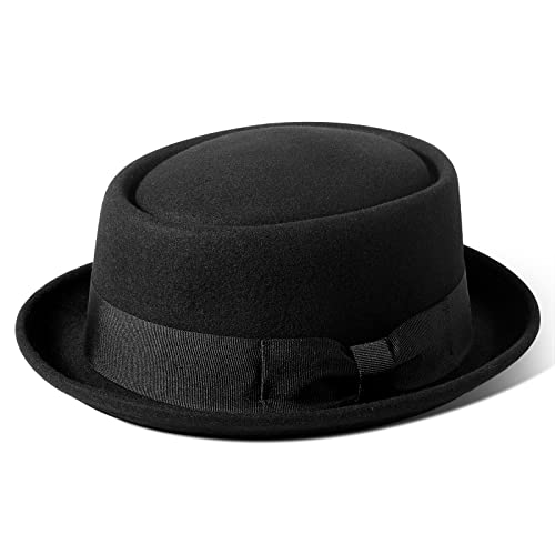 Pork Pie Hats for Men/Women, 100% Wool Felt Hat Womens Mens Stout Porkpie Breaking Bad Hat Unisex Flat Top Fedora Hats Boater Derby Crushable