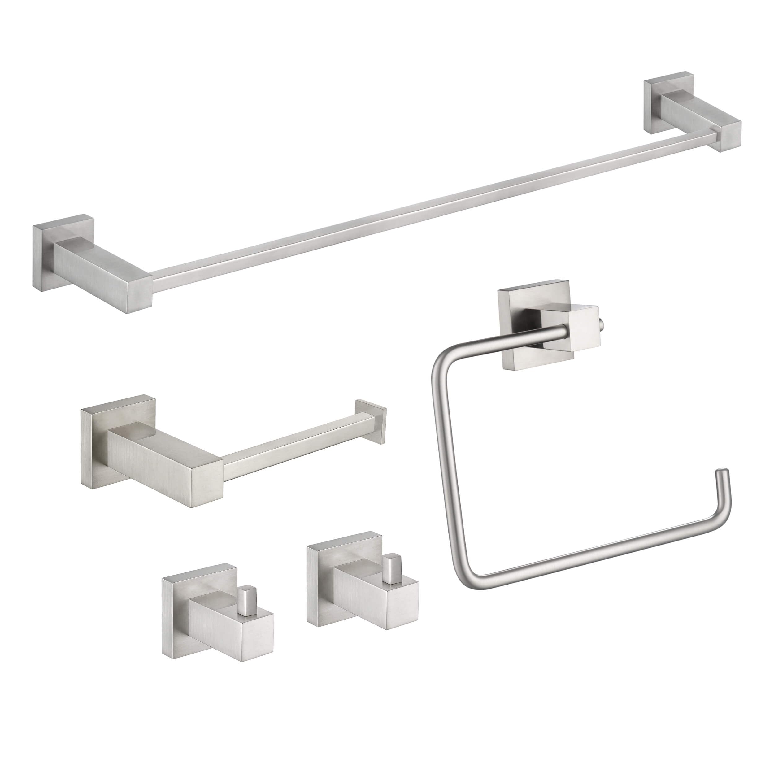 KIBI Cube Bathroom Hardware Set 5 Piece Bathroom Accessories Set | Towel Bar (24"), Towel Ring, Toilet Paper Holder, Robe Hooks (Brushed Nickel) (C-KBA15-5-1)