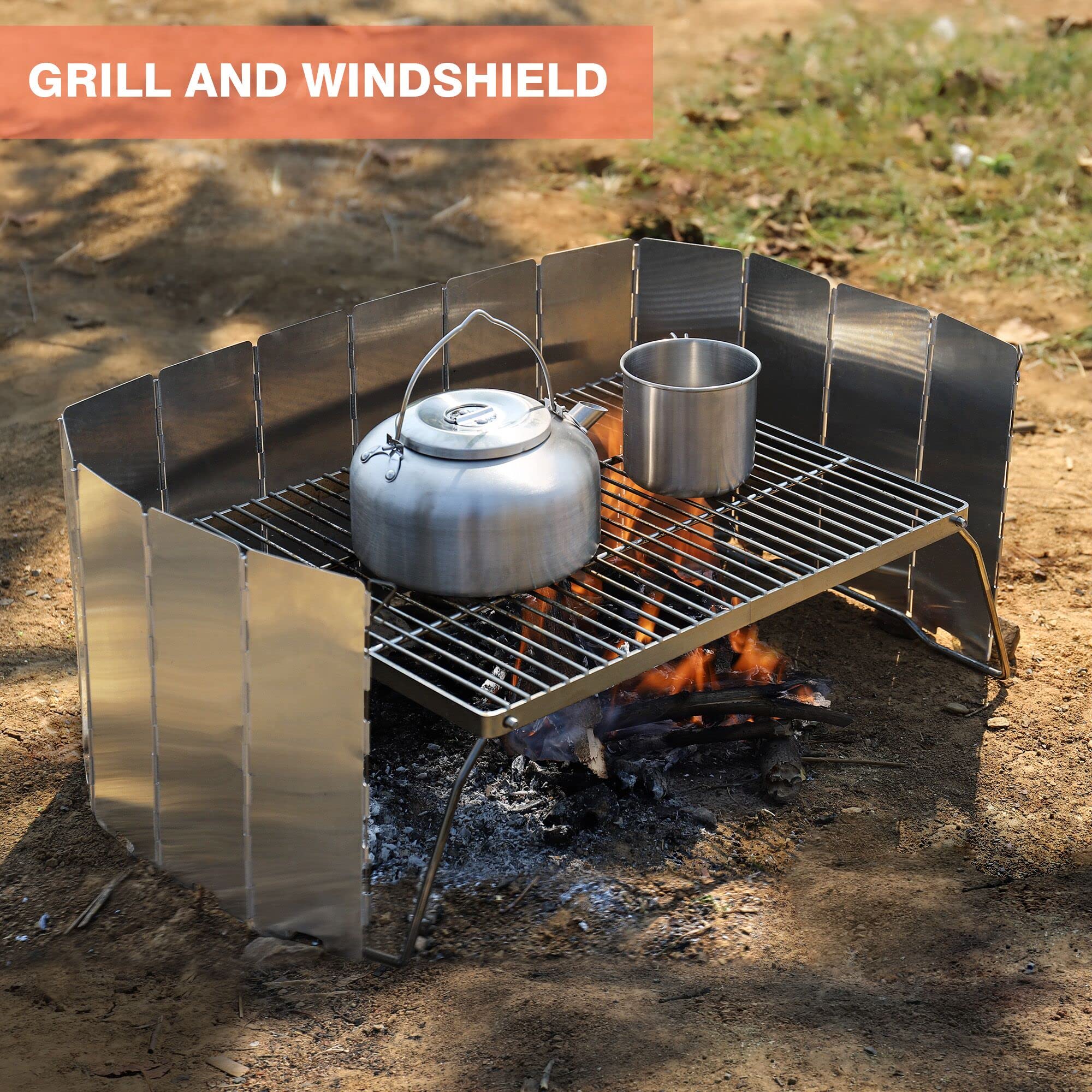 Puraville Foldable Camping Grill, Large Size Heavy Duty 304 Stainless Steel Grill with Campfire Windshield Set