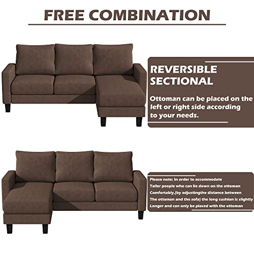 YESHOMY Convertible Sectional 3 L-Shaped Couch Soft Seat with Modern Linen Fabric, Small Space Sofas for Living Room, Apartment and Office, 70'', Brown