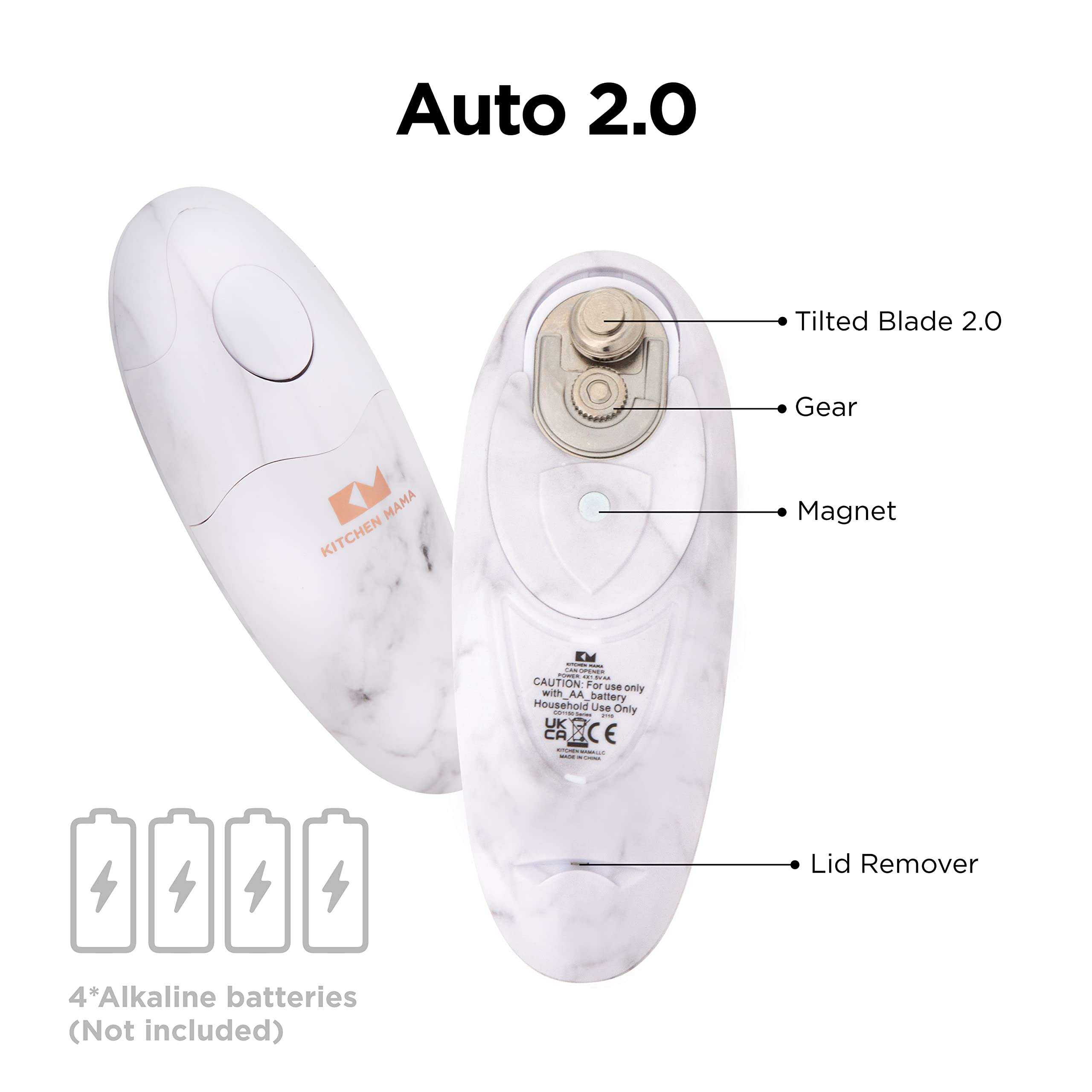 Kitchen Mama Auto 2.0 Electric Can Opener: Refined Blade Opens Almost Any Can - Automatic, Hands Free, Smooth Edge, Food-Safe, Battery Operated, YES YOU CAN (Marble White)