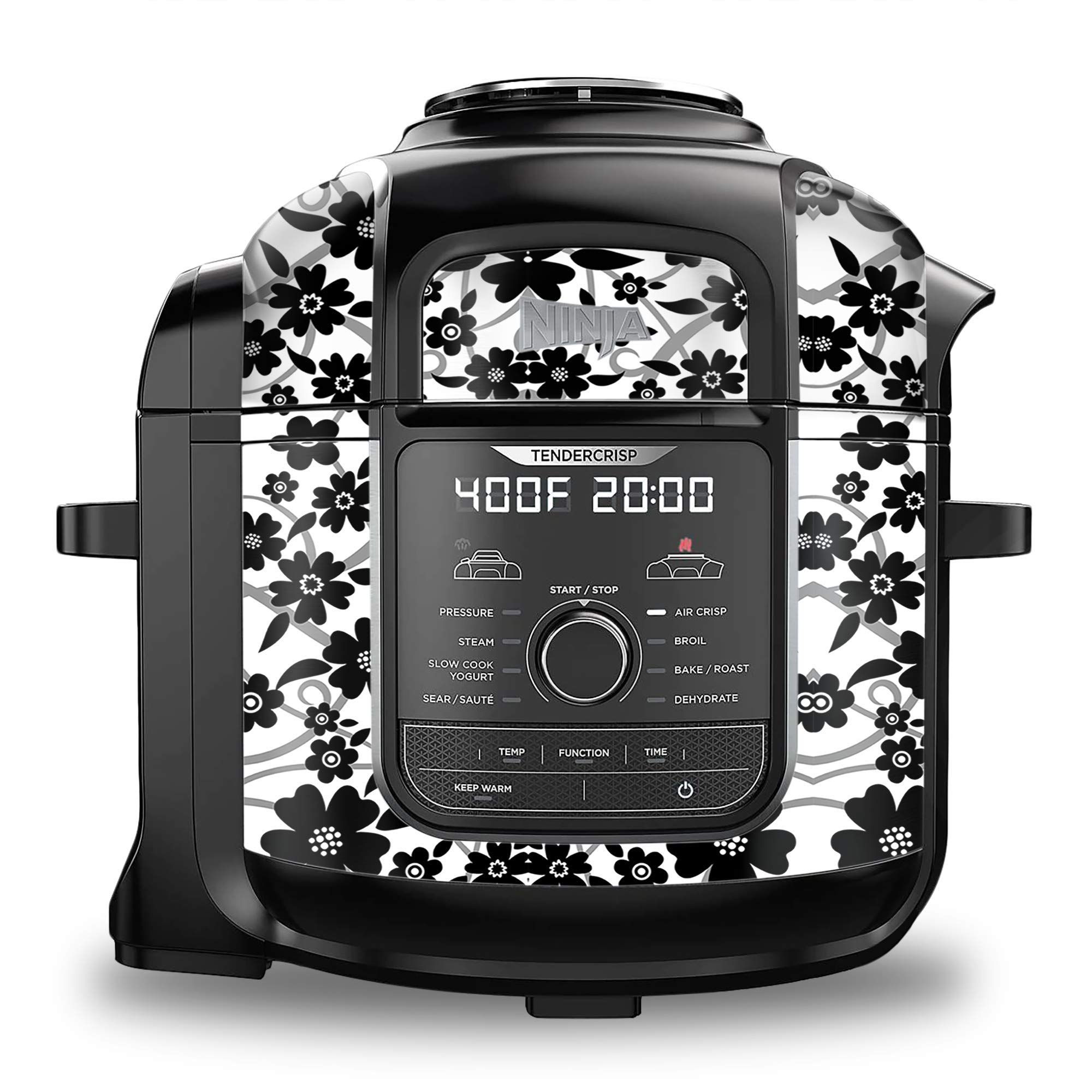 KRAFT'D Wrap for Ninja Foodi 8 Quart - QT Accessories Cover Sticker - Wraps fit Deluxe Cooker Mdl: FD402 LP3 | Black White Floral Pattern