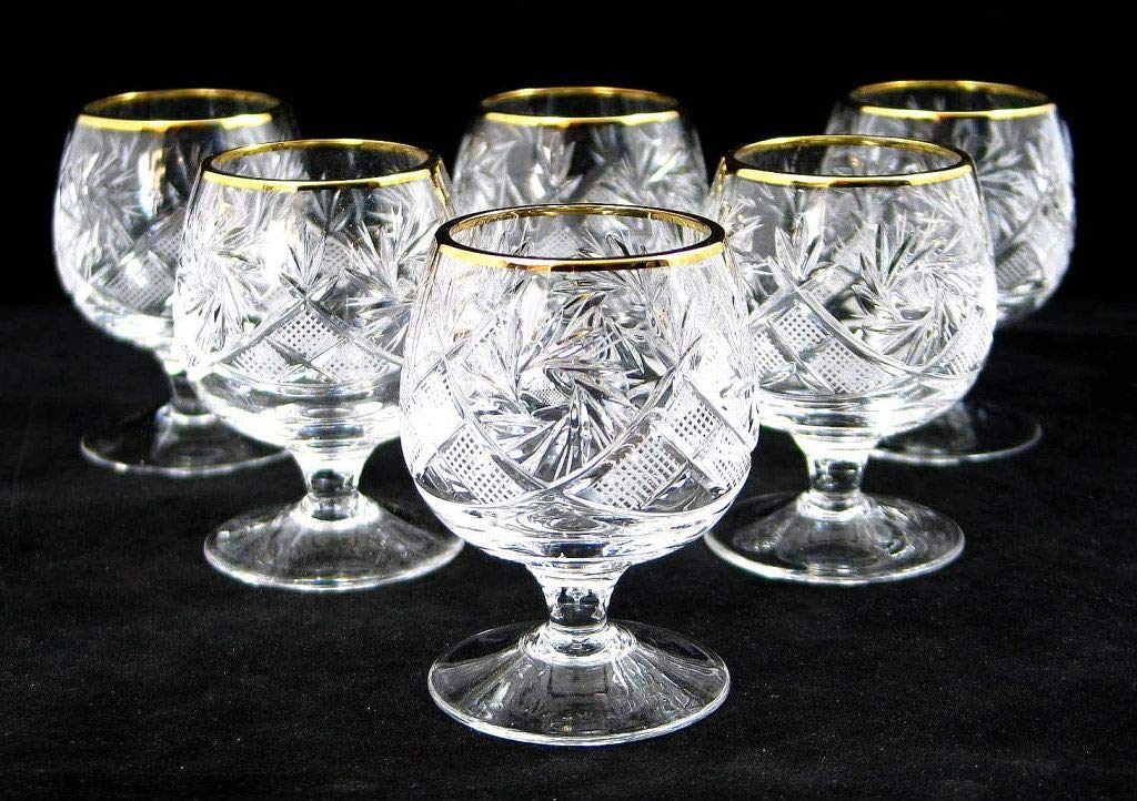 Neman Russian Cut Crystal Sherry Glasses with Gold Rim Shot Glasses on Short Stem. 1.2oz (35ml). Set of 6