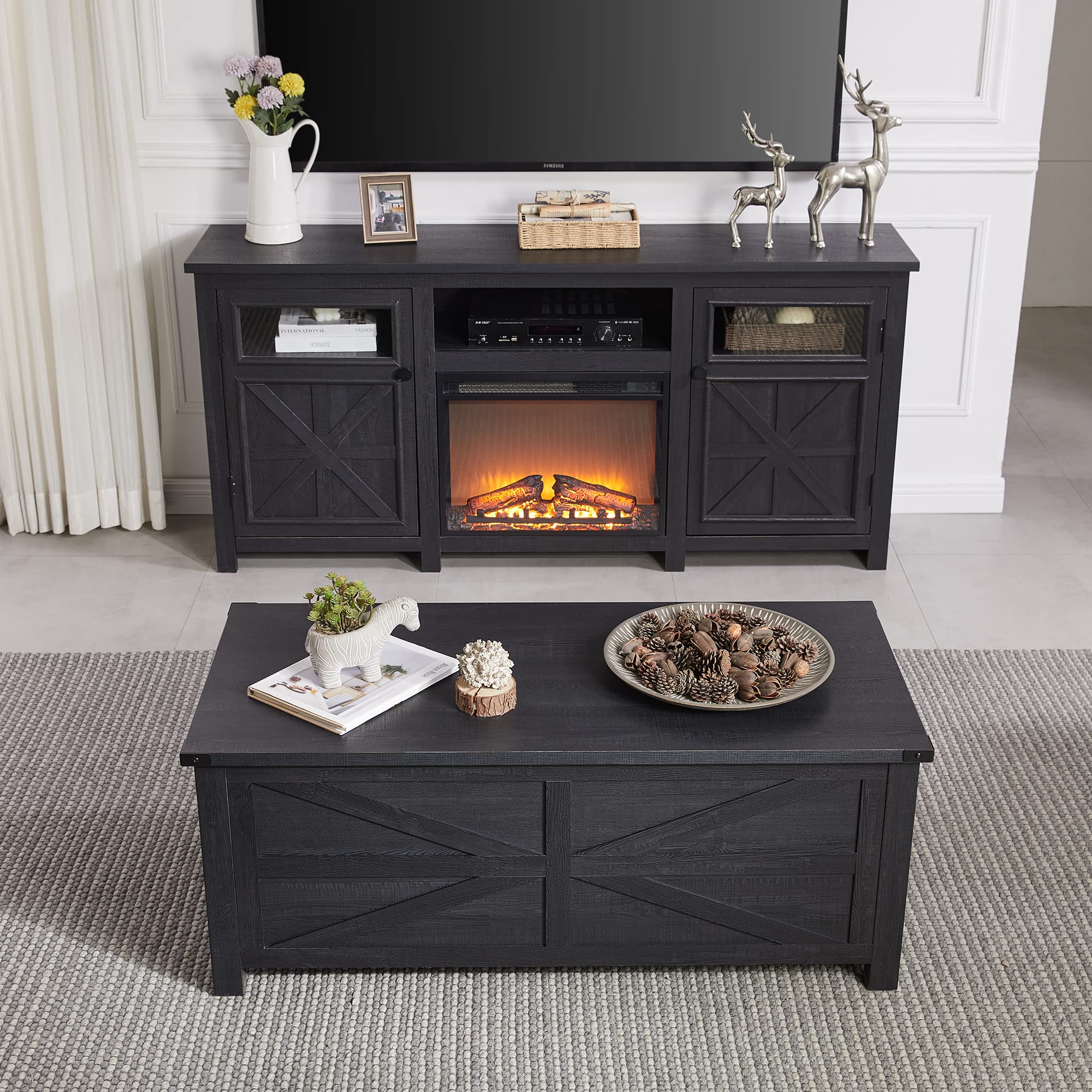 JXQTLINGMU 48ā Farmhouse Coffee Table with 4 Large Storage Drawers, Modern Center Table with Barn Door for Living Room, Office, Rustic Rectangle Cocktail Tableļ¼Blackļ¼