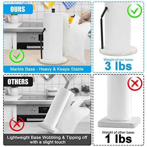 Marble Weighted Paper Towel Holder,Freestanding Black Paper Towel Roll Holder with Tension Arm-for Kitchen Bathroom Countertop,Standard or Jumbo-Sized Roll Holder