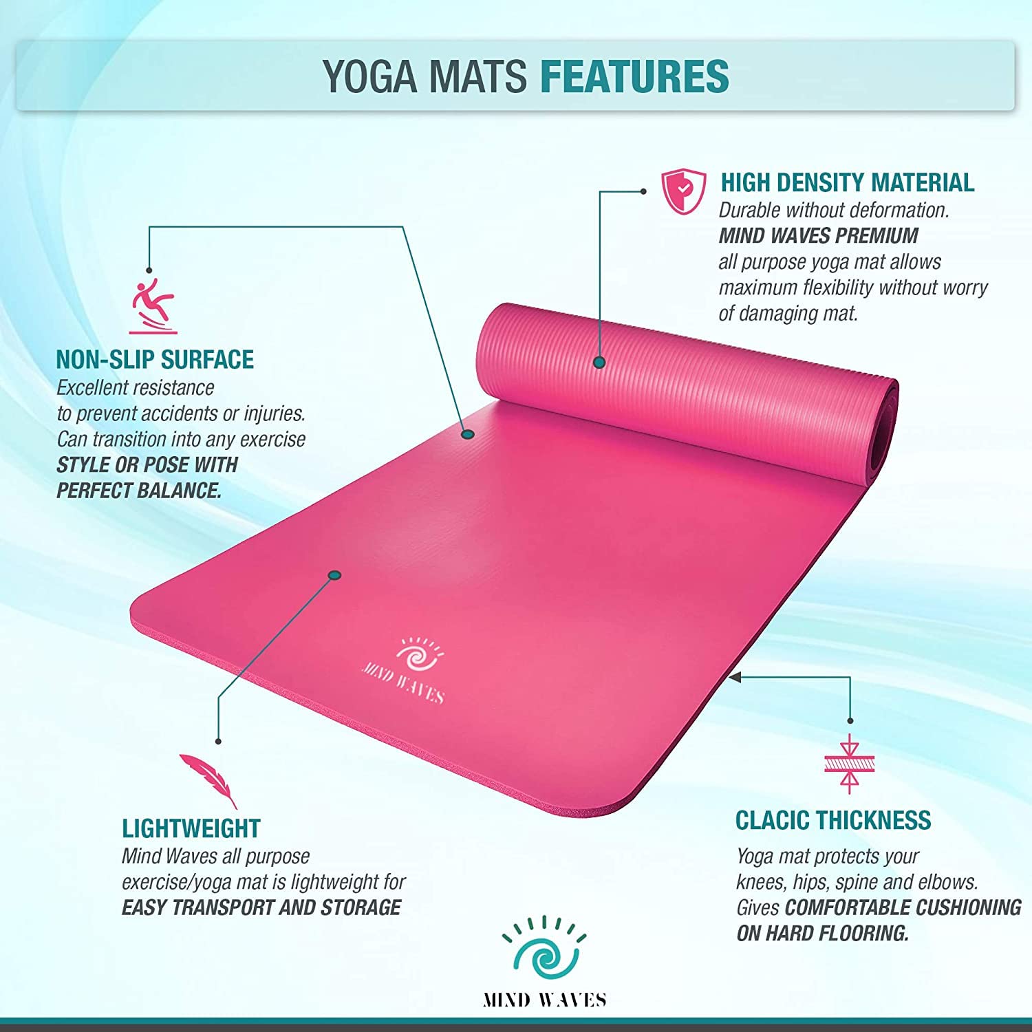 Mind Waves Extra Thick 1/2 inch Yoga Mat Non Slip Eco Friendly Anti- Tear Exercise Mat Strap Included (Pink)