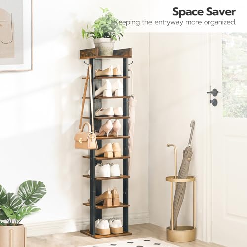 HOOBRO Vertical Shoe Rack, 9 Tier Shoe Storage Organizer with Hooks, Narrow Shoe Rack for 9 Pairs, Space Saving, Stable and Strong, for Entryway, Closet, Bedroom, Rustic Brown BF81XJ01