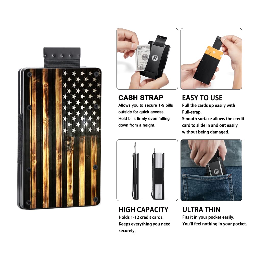 Men Minimalist Metal Wallet with Cash Strap | Wood American Flag | Slim Pocket RFID Blocking Pull Card Holder | Personalized Aluminum EDC Tactical Wallets | Money Case Carbon Fiber
