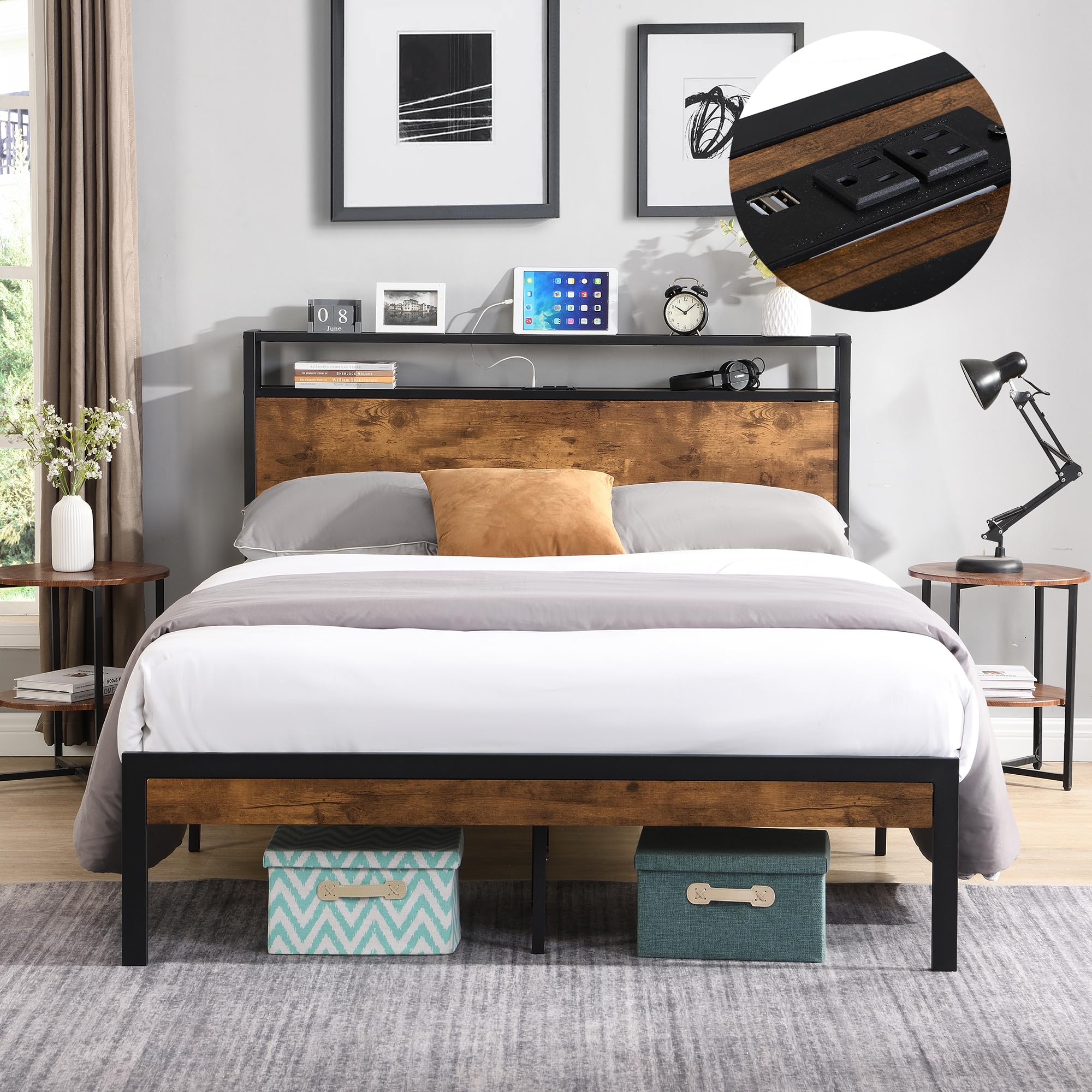 King Bed Frame with Charging Station, Metal Platform Bed Frame King Size with 2-Tier Storage Headboard, Outlets and USB Ports, Heavy Duty Mattress Foundation, No Box Spring Needed