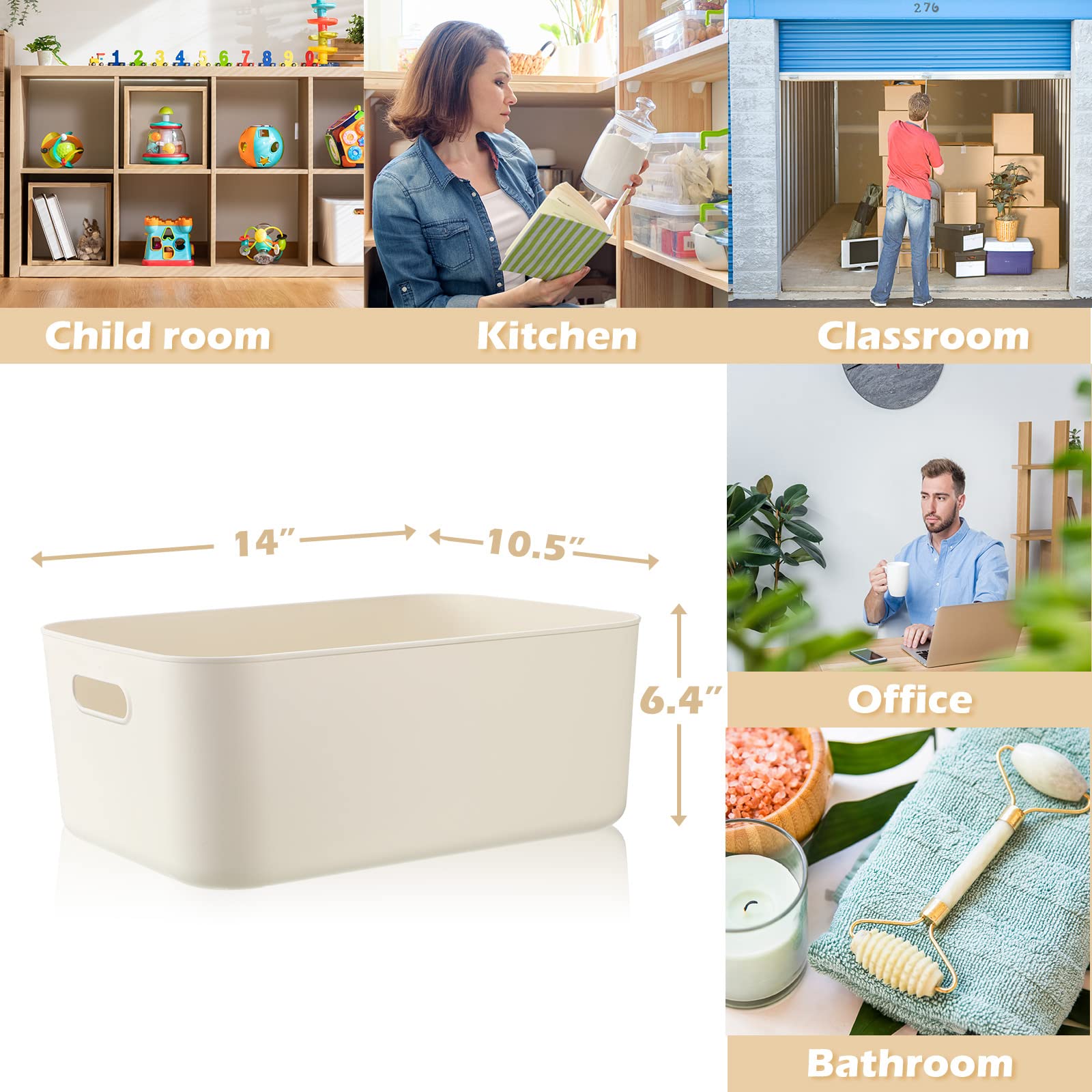Plastic Storage Bins 10 Pcs White Storage Bin Pantry Organizer Bins Small Storage Baskets Storage Containers for Home Kitchen (14 x 10.5 x 6.4 Inch)