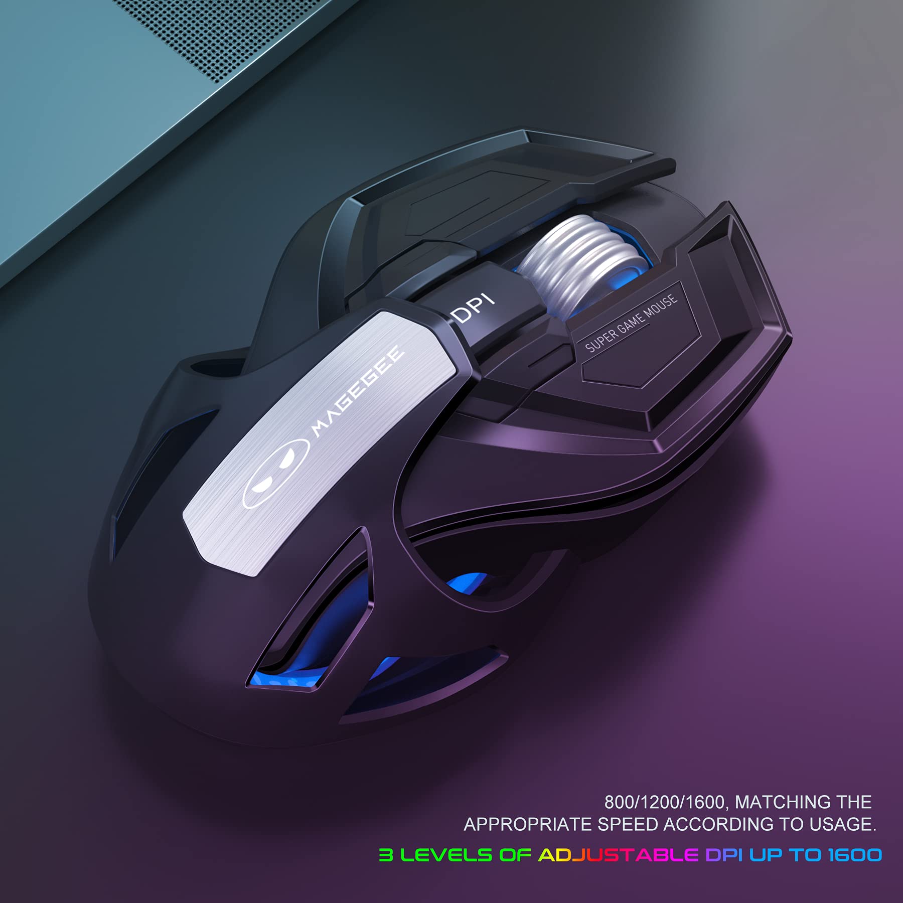 MageGee Wireless Gaming Mouse, Rechargeable 2.4G Wireless Optical Gaming Mice with LED Backlit, 6 Buttons, 3 Adjustable DPI up to 1600, V13 Ergonomic Silent Gamer Mouse for PC Laptop (Black)