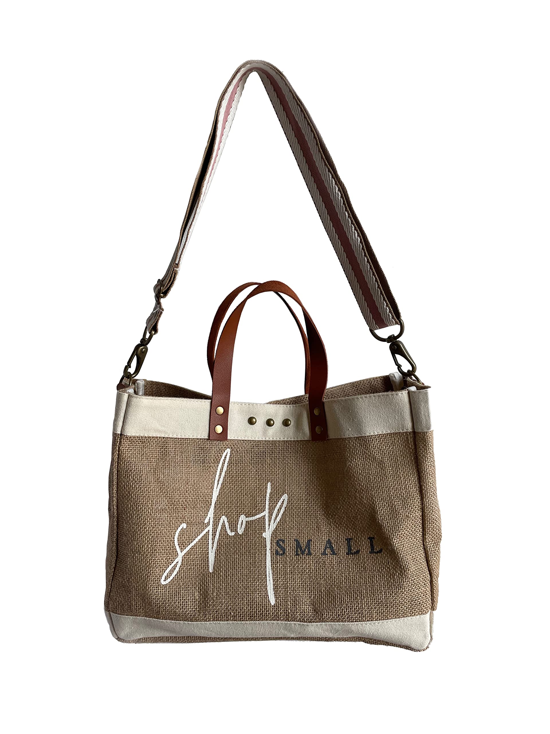 Pretty Simple Me Shop Small Jute Tote Bag | Crossbody Bag | Leather Handle Strap | Adjustable Canvas Crossbody Strap | Large Compartment | Hand Bags | Woven Bag