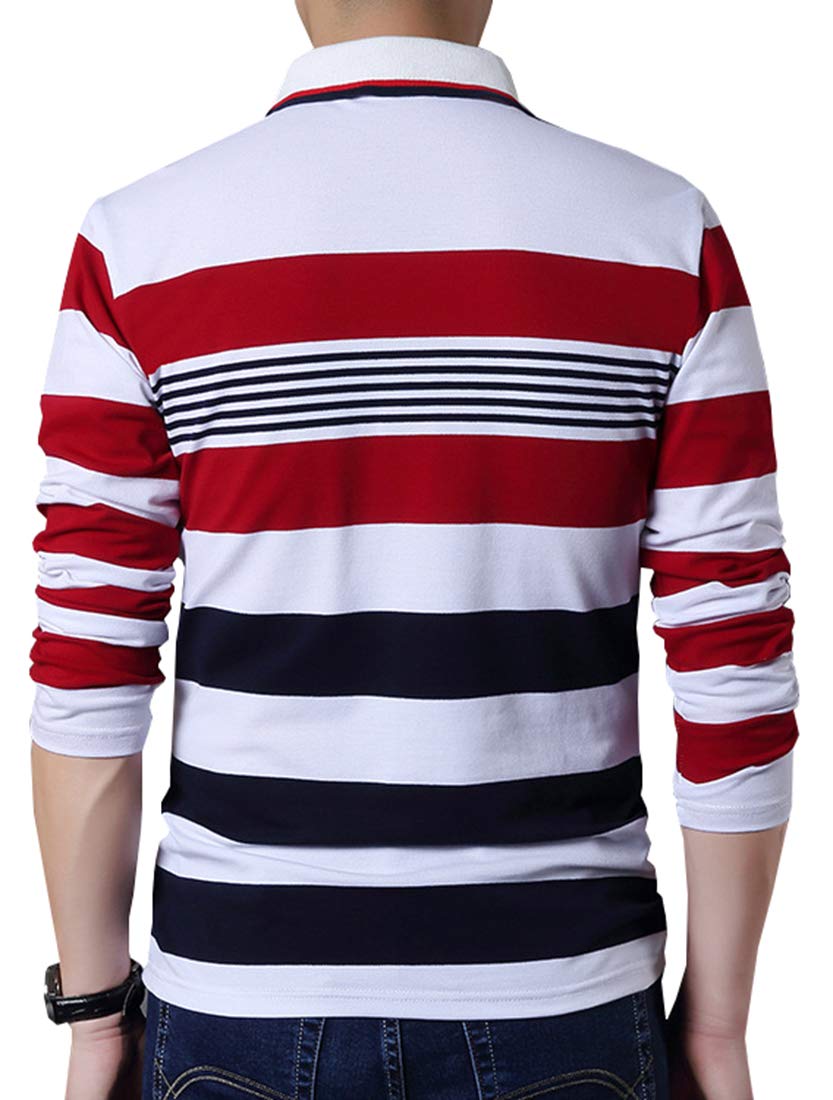 Men Polo Shirts Long Sleeve - Striped Golf Polo Shrts Dress Tshirts Top Slim Fit Stylish Blue and White Size M