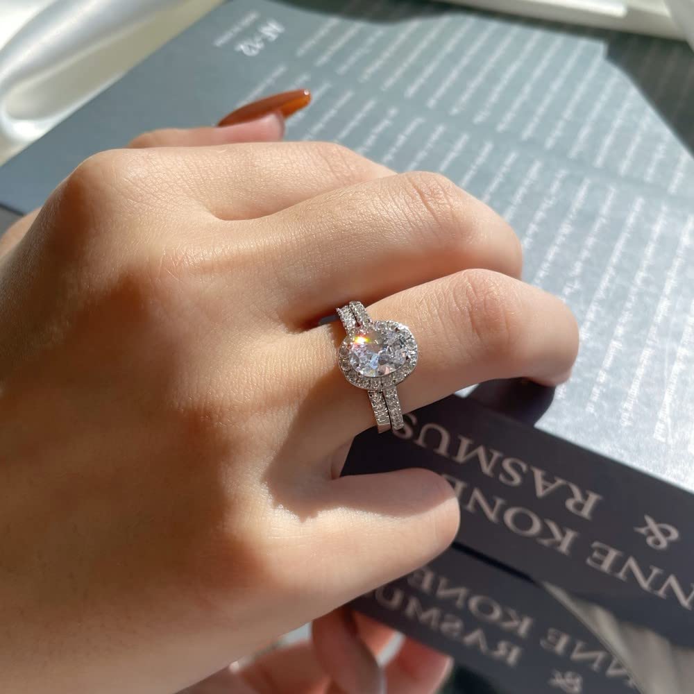 Oval Bridal Sets Wedding Ring Set for Women White Gold 1 Carat Center Moissanite Engagement Ring Set Platinum Plated Silver 10K 14K 18K Gold Ring with Text Engraving (size 7)